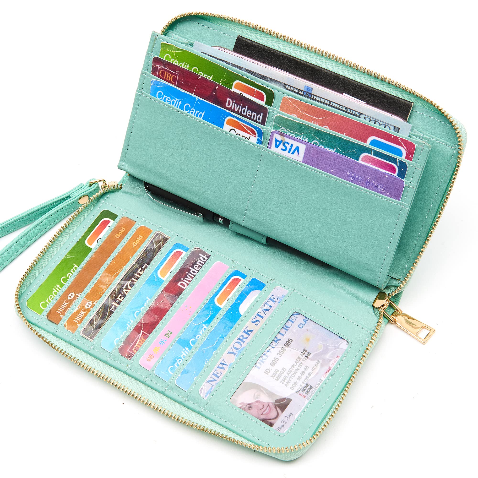YZAOLL Women's Wallet RFID Blocking PU Leather Large Capacity Zip Around Credit Card Holder Cell Phone Checkbook Storage Bag Zipper Coin Purse,lightgreen