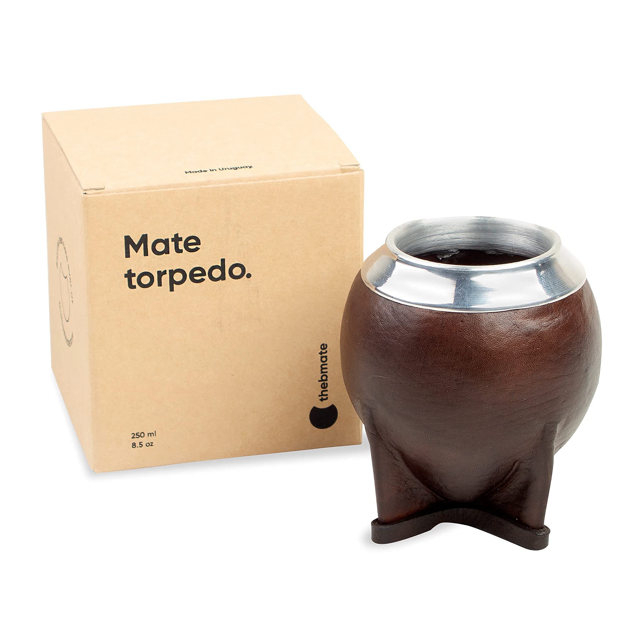 thebmate [Premium Yerba Mate Cup (Mate Gourd) - Crafted Ceramic Teacup β Dark Brown Leather Wrapped Handmade in Uruguay - Mate Torpedo - Torpedo Style