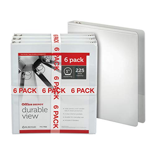 Office Depot® Brand Durable Round-Ring View Binders, 1" Rings, White, Pack of 6 Binders