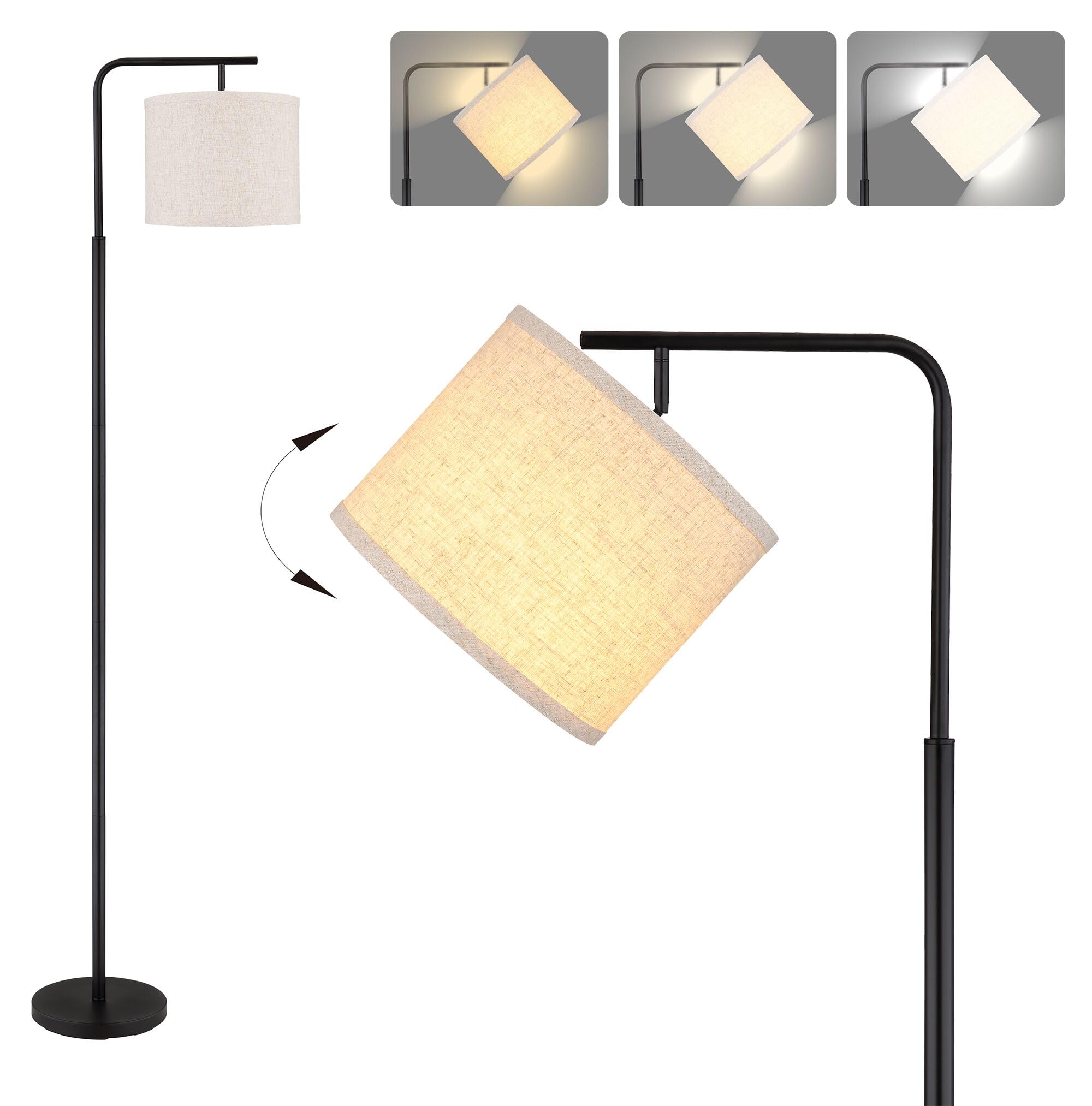Ruiever Floor Lamp for Living Room with 3 Color Temperatures,Modern Standing Lamp with Adjusted Linen Shade,Black Tall Industrial Lamps for Bedroom Office 9W LED Bulb Included.Classic Arc Floor Lamp