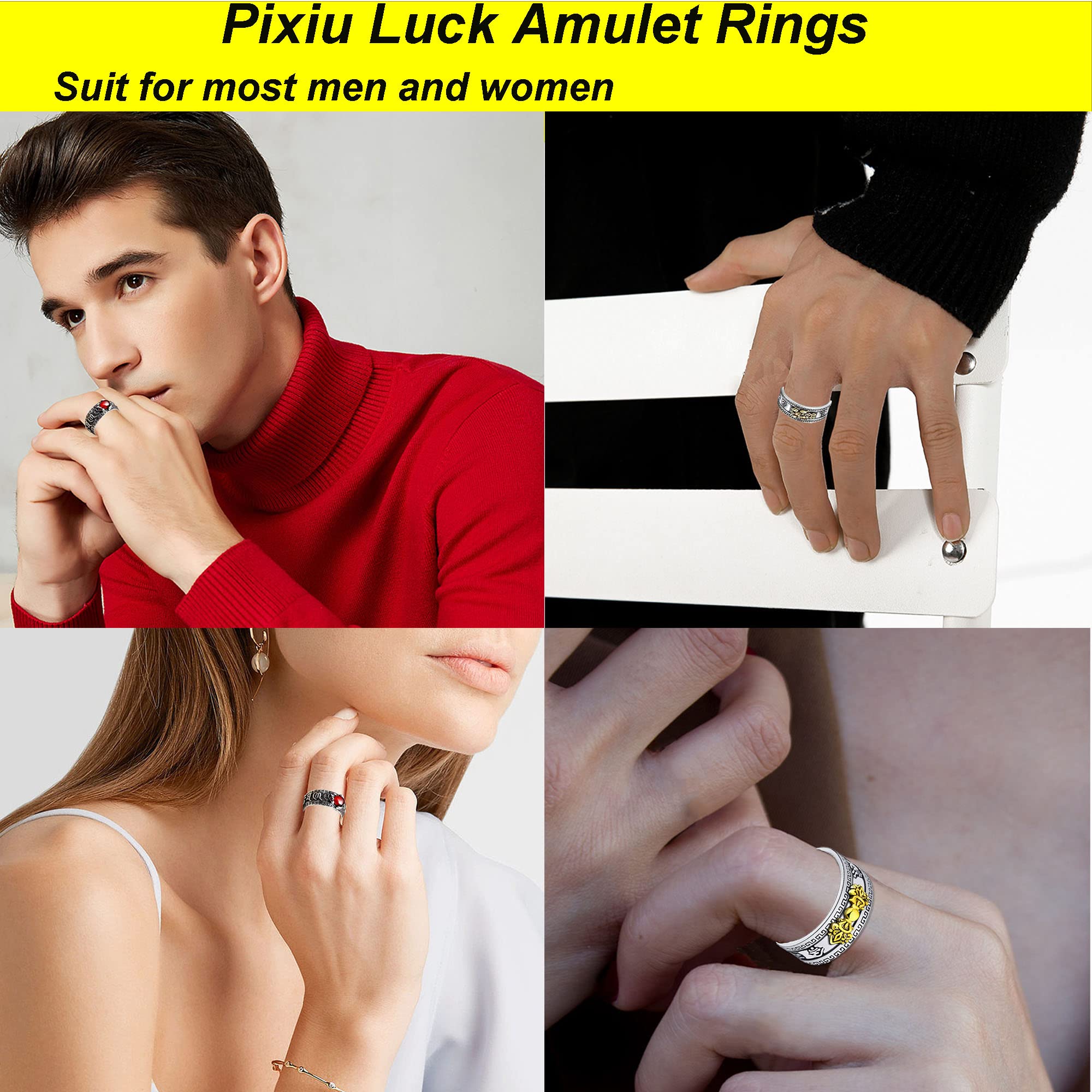 SONNYX 8 Pieces Feng Shui Pixiu Ring Buddhist Lucky Amulet Mantra Double Protection Wealth Ring For Men Women Adjustable Garnet Ring Gift Jewelry