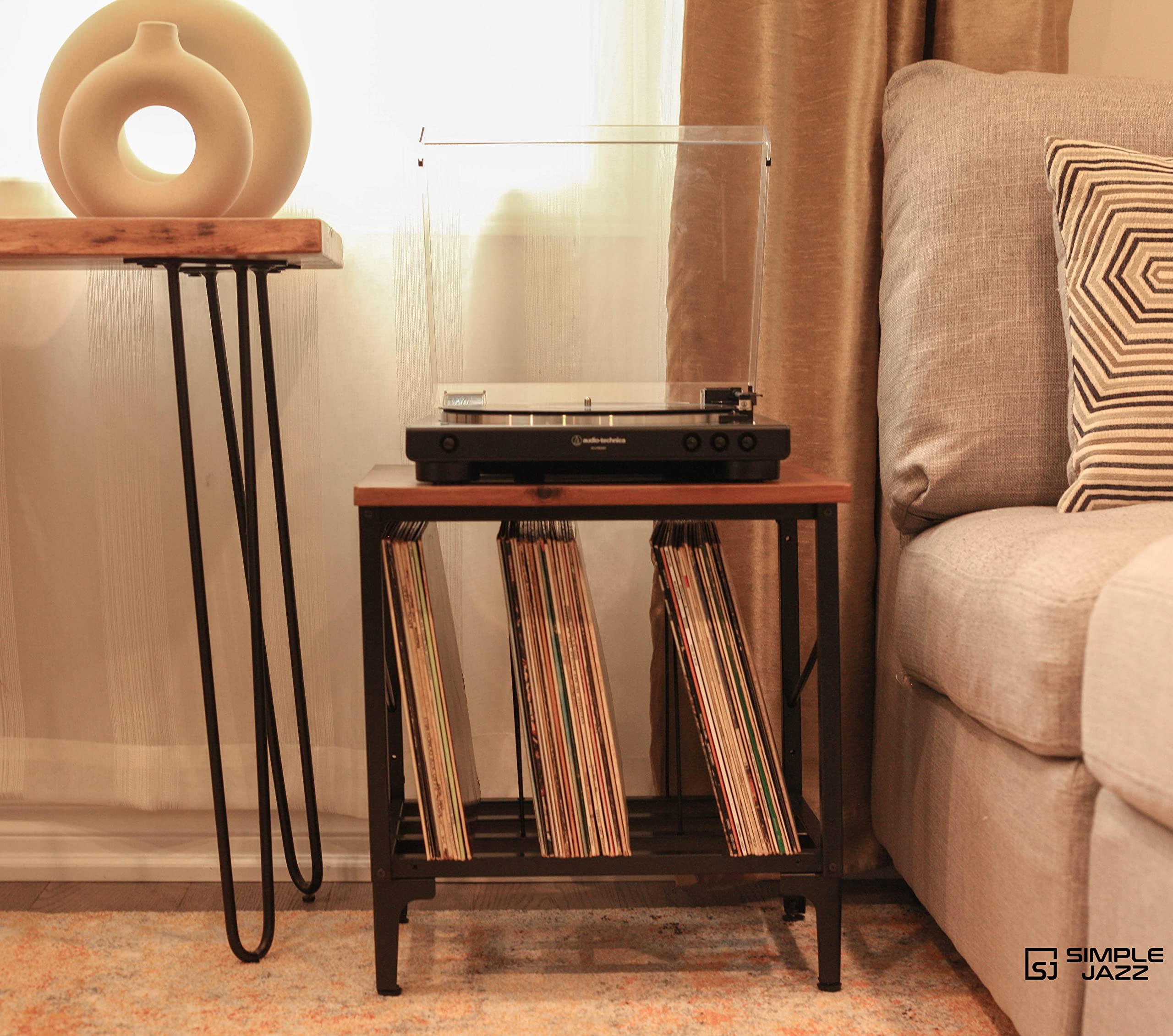 Turntable Stand with Vinyl Record Storage - Solid Acacia Wood with Sturdy Metal Structure - Two-way placement: Wall Mount and Floor Stand (Acacia Wood tabletop and Matte Black metal body)