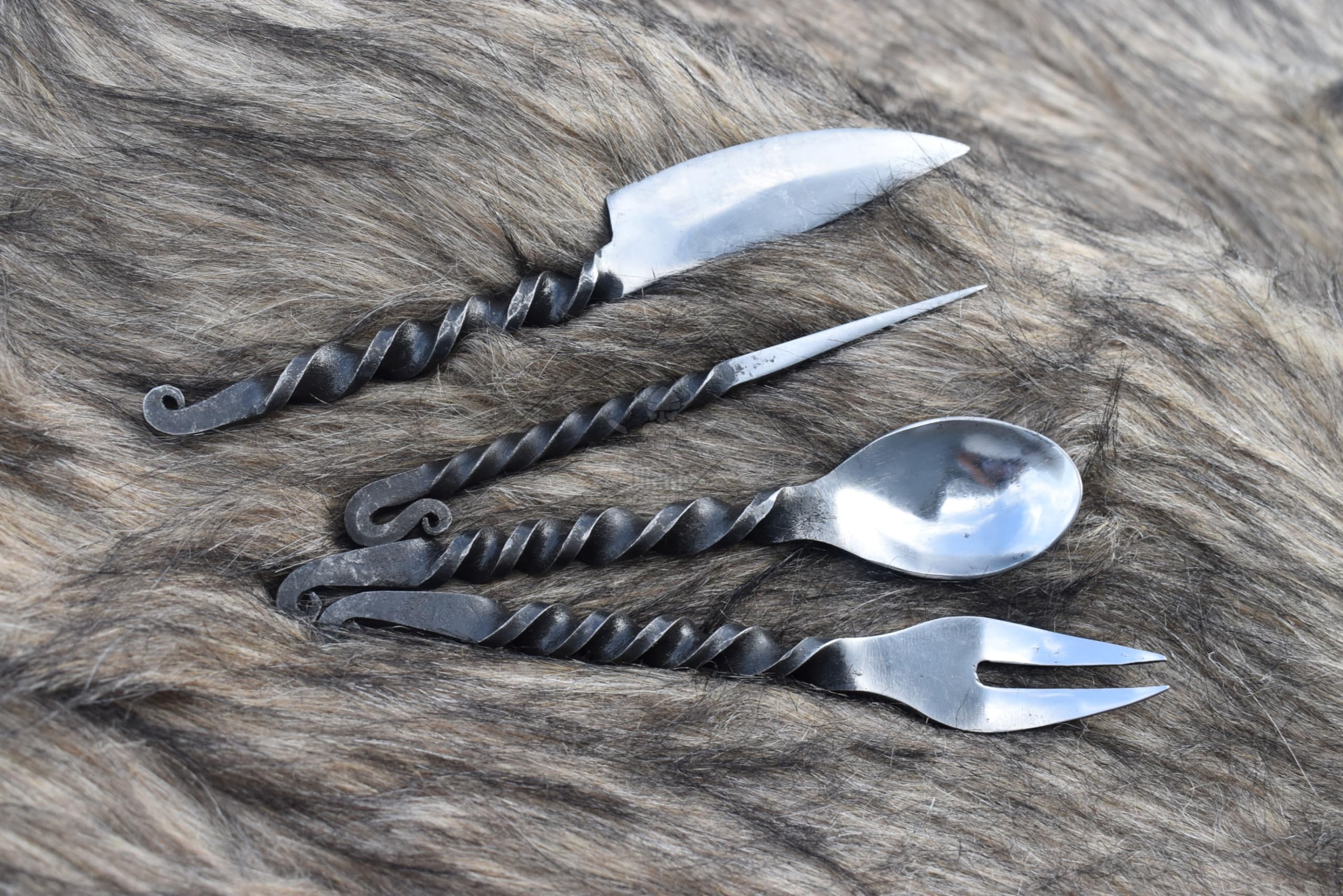 Viking Traders Hand Forged Twisted Medieval Eating Utensil Set | Functional Fork Knife Spoon And Food Stick | Medieval Eating Set, With Genuine Leather Carrying Pouch - Set 4