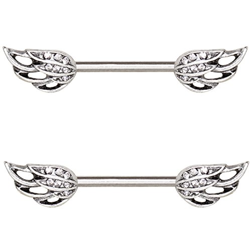 Pair of Angel Wings Nipple Piercing Rings Steel Barbells - 14G 9/16"