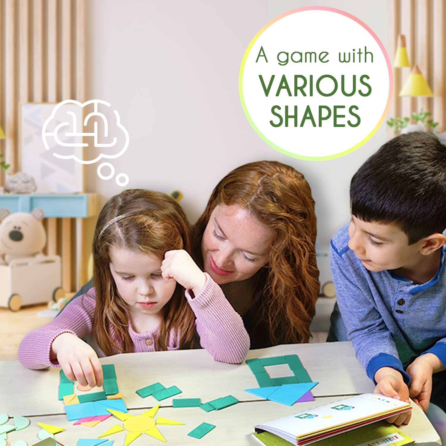 Wooden Pattern Blocks - Build Out Scenes Step by Step with Illustrated Guide Book or Using Imagination -Fun Montessori Toys for 3+ Year Old-Tangram Shapes Puzzle 160 Pieces - Learning & Education Toys