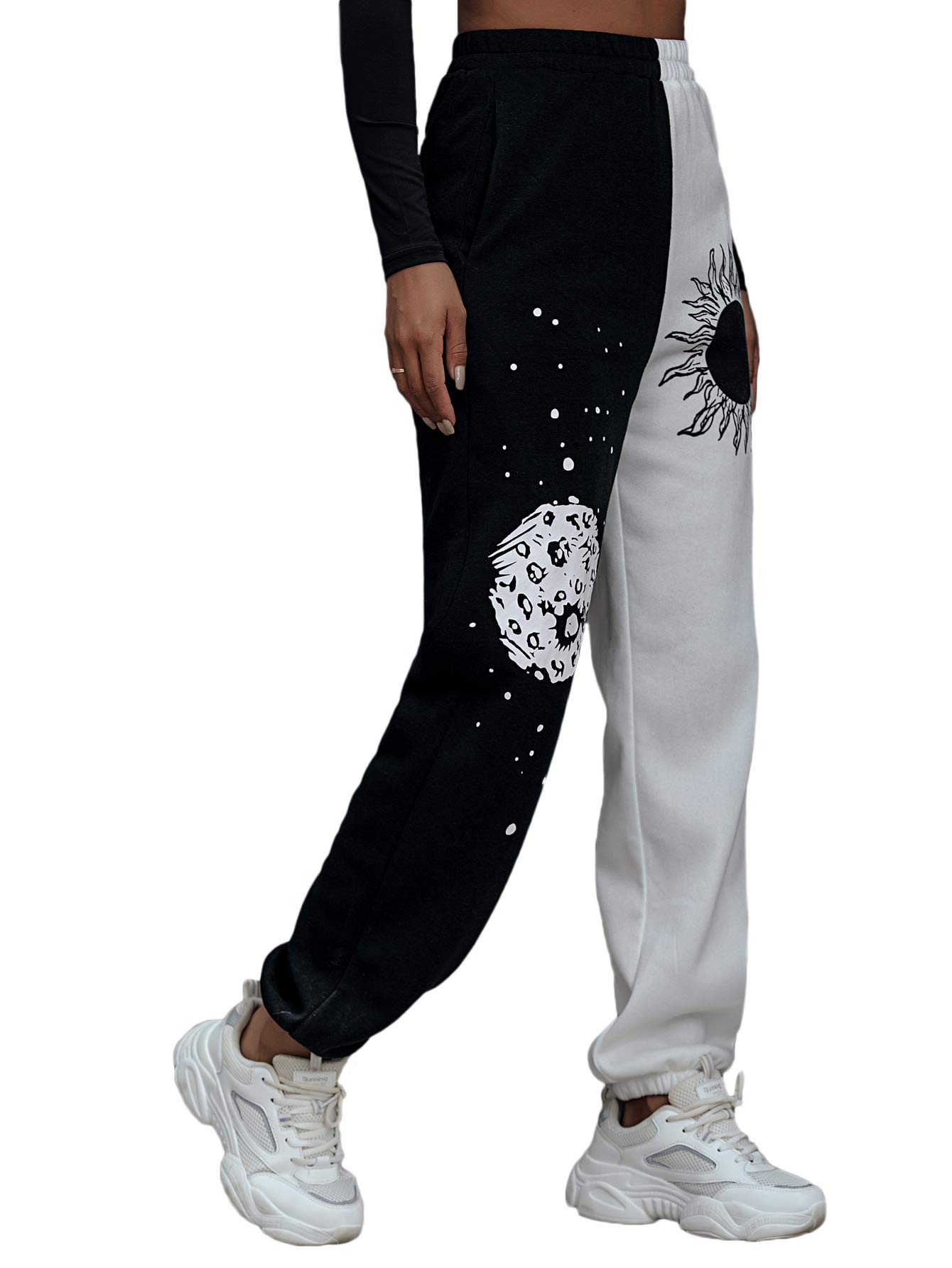 SOLY HUX Women's Graphic Letter Print Elastic Waist Sweatpants Color Block Cozy Running Joggers Pants Black White Sun XS