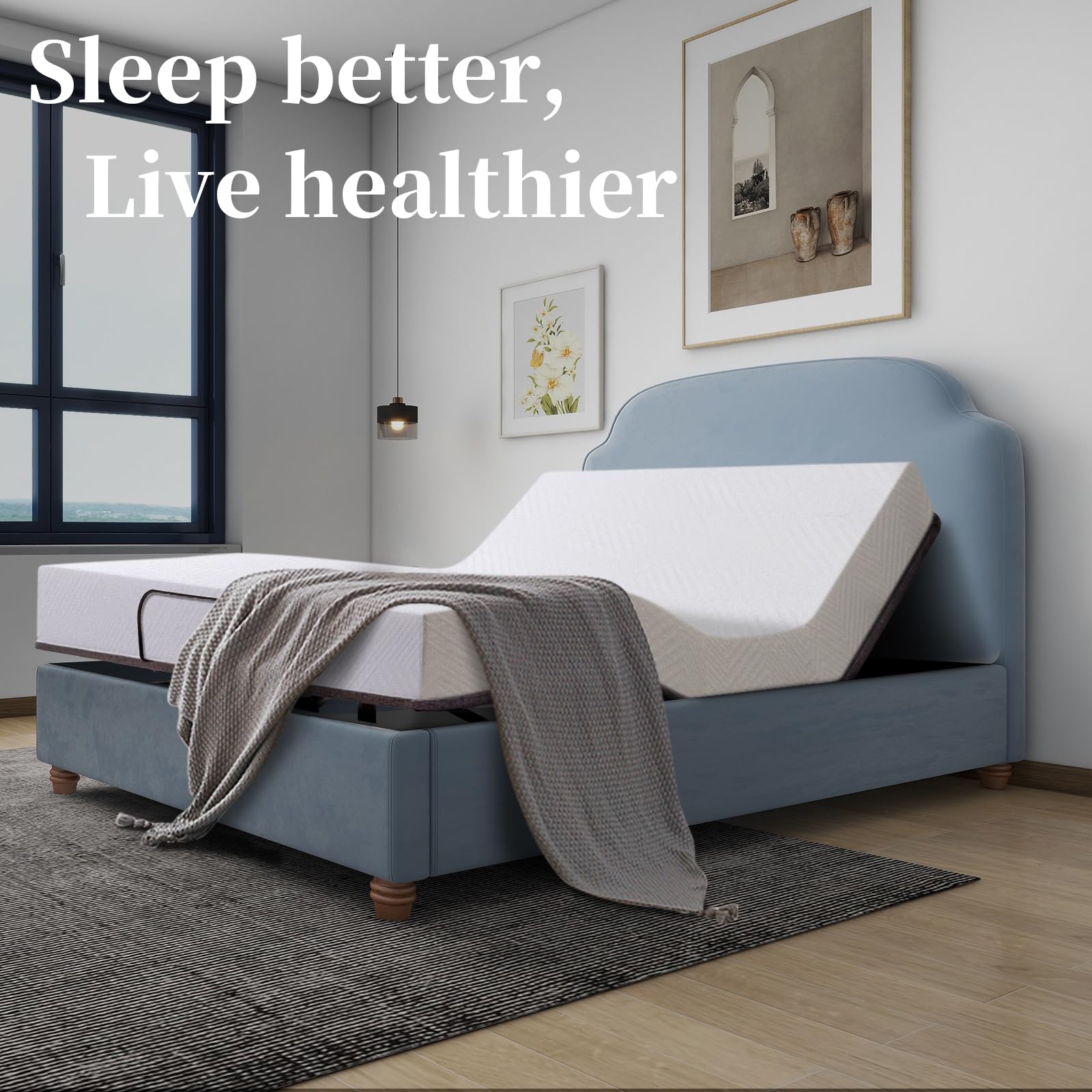 MUUEGM Adjustable Bed Frame Base with Mattress Split King,8 Inch Memory Foam Mattress,Wireless Remote,Electric Bed Base Ergonomic Head & Foot Incline,Zero Gravity,Anti-Snore,Quiet Motor,Quick Assembly
