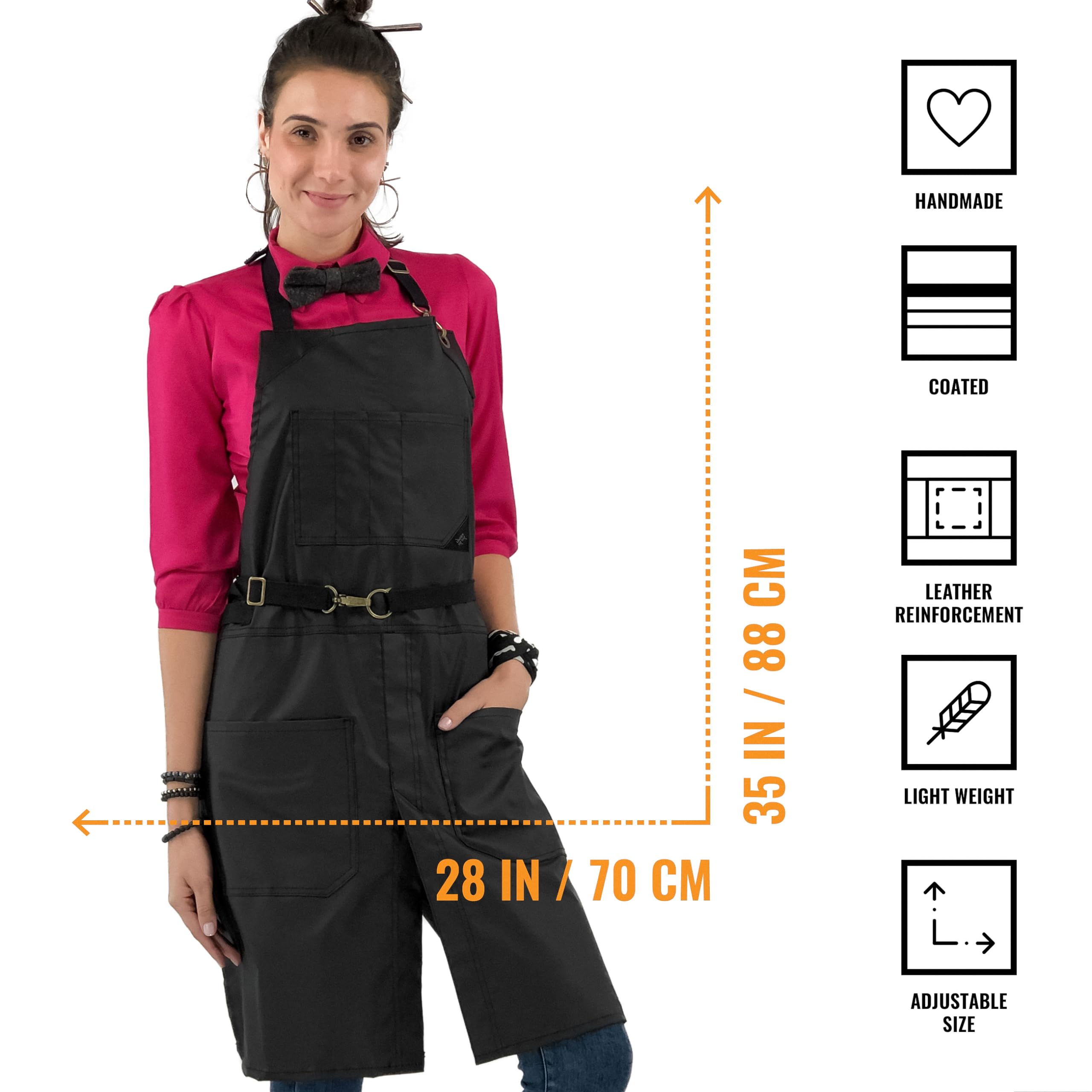 Under NY Sky No-Tie Panther Black Apron β Coated Twill with Leather Reinforcement, Split-Leg, Adjustable for Men and Women β Pro Barber, Tattoo, Barista, Bartender, Hair Stylist, Server Aprons
