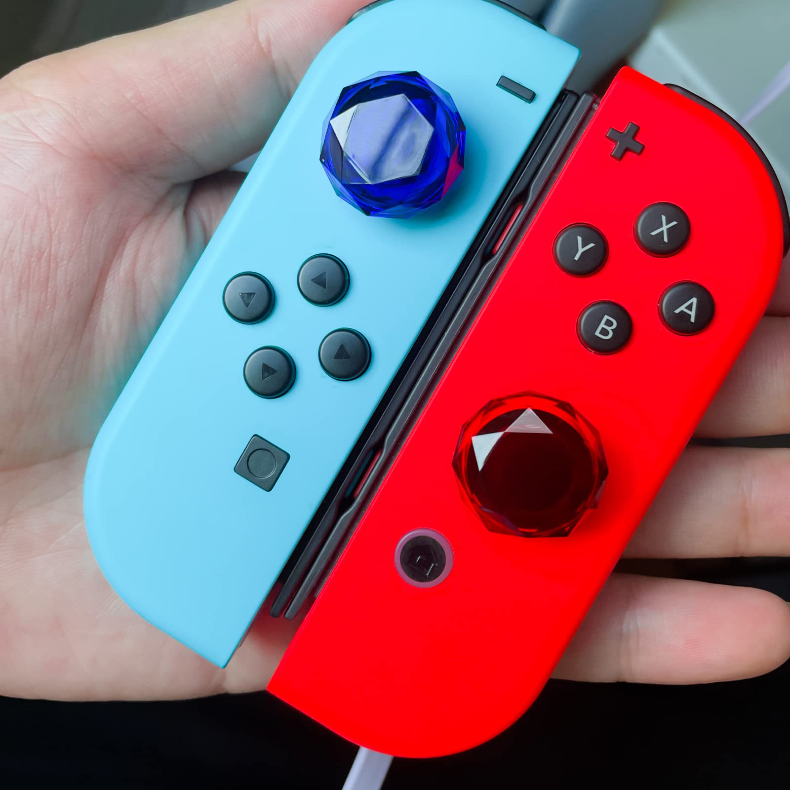 Xcitifun Clear Thumb Grip Caps Designed for Nintendo Switch/OLED/Switch Lite Console, Diamond Crystal Joystick Grips for Girls Kids Women Controller Button Cover, 4PCS - Red and Blue