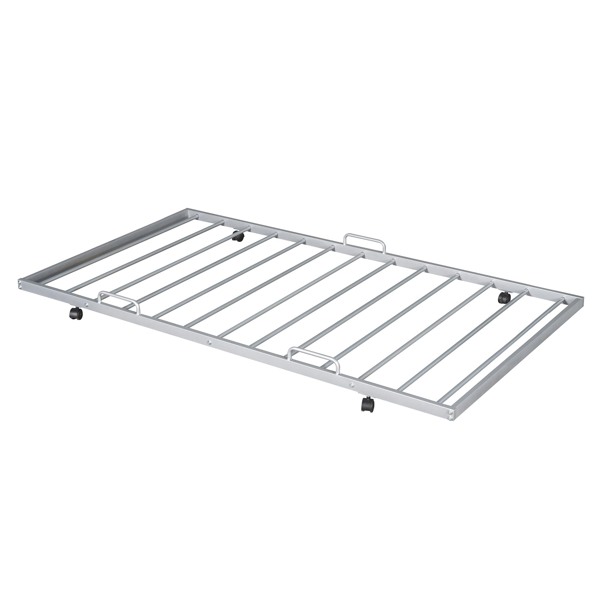 POCIYIHOME Twin Size Metal House Shape Platform Bed with Trundle, Modern Sturdy Metal Bed Frame with Solid Metal Slats for Kids,Teens Bedroom, Space-Saving, No Box Spring Needed, Silver