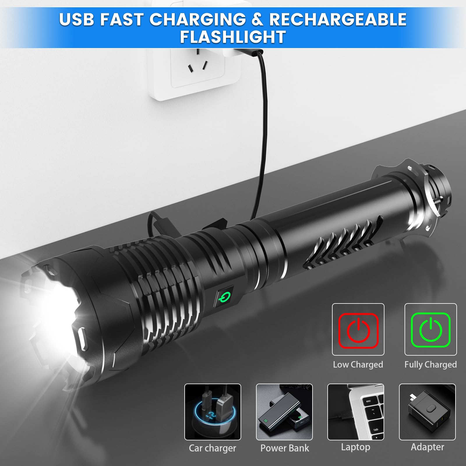 Rechargeable Flashlights High Lumens, 900000 Lumens Super Bright Flash Light with Shoulder Strap, 5 Modes IPX6 Waterproof Handheld Powerful Led Flashlight for hu∩ting, Camping, Emerge∩cies