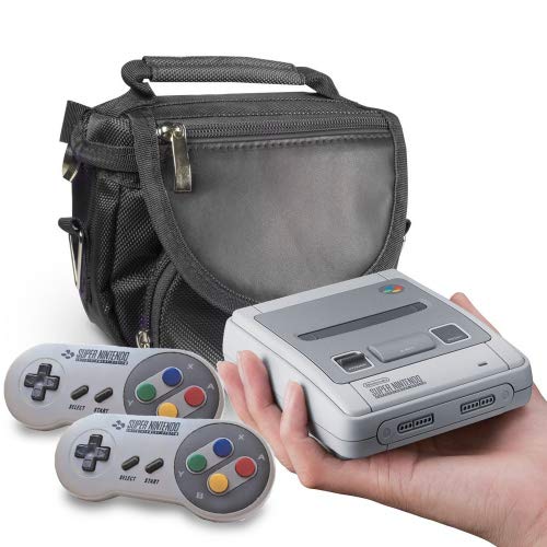 Orzly SNES MINI Travel Bag for Super Nintendo Mini Classic Edition (New 2017 Model Mini Version of Super NES) - Fits Console + Cable + 2 Controllers - includes Shoulder Strap + Carry Handle - BLACK
