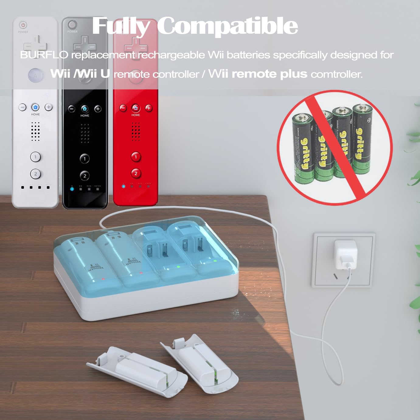 Rechargeable 4 Pack Battery Pack for Wii/Wii U Remote Controller,2800mAh Replacement Batteries and 4 Ports Charger Station for Wii/Wii U Remote Controller Battery Pack,wii Remote Charger-BURFLO