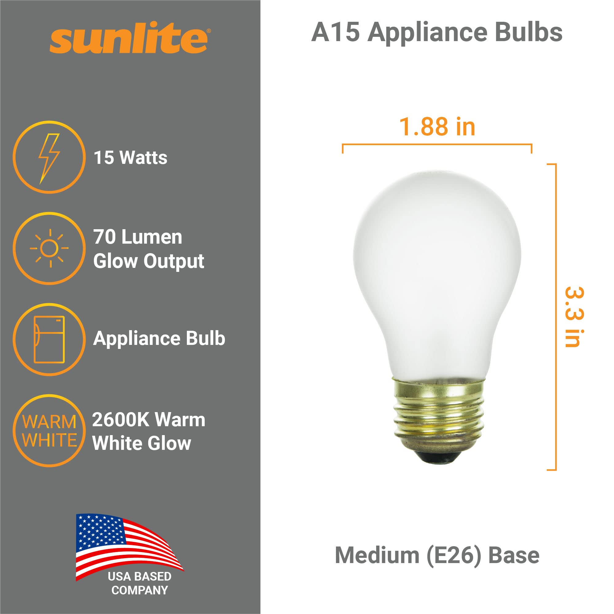 Sunlite 41622 Incandescent Appliance A15 Light Bulb, 15 Watts, 70 Lumens, Medium Base (E26), Dimmable, Mercury Free, 2600K Warm White, Frost, 24 Count