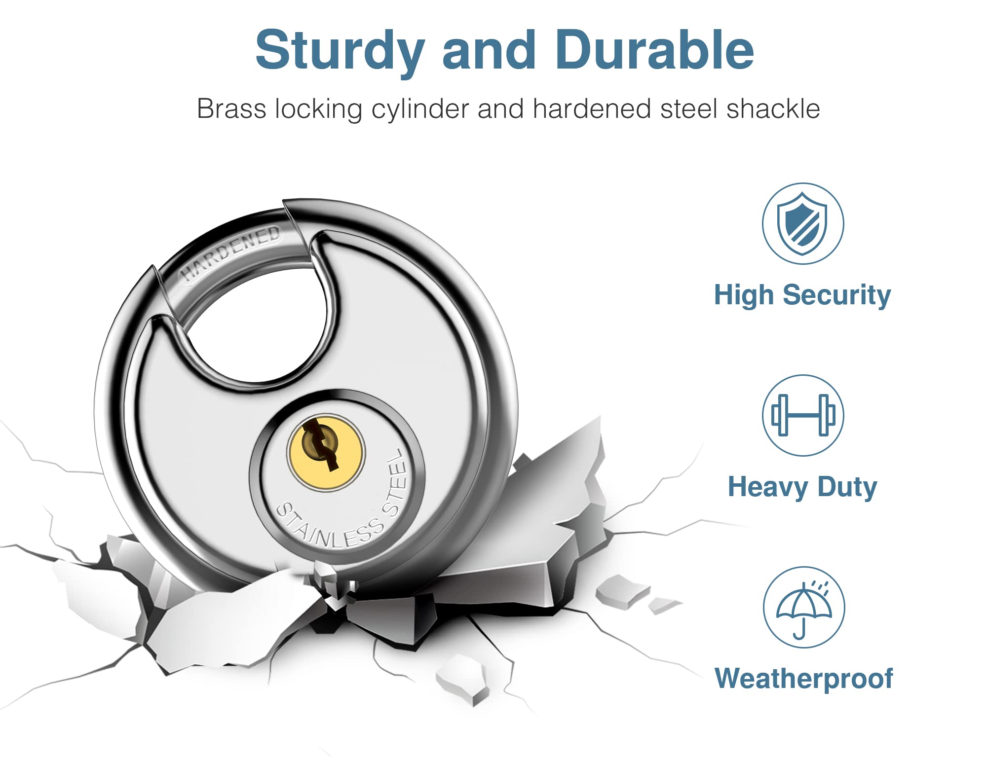 Puroma Keyed Padlock, Stainless Steel Discus Lock Heavy Duty Locks with 3 Keys, Waterproof and Rustproof Storage Lock with Rubber Bumper for Warehouse, Garage, Storage Locker, and Outdoors (1 Pack)