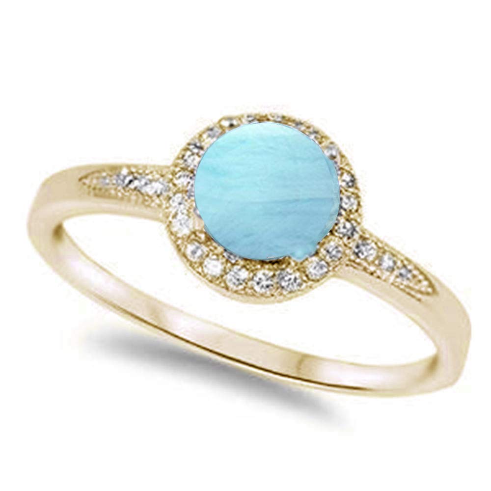 Oxford Diamond Co Yellow Gold Plated Halo Natural Larimar & CZ .925 Sterling Silver Ring Sizes 7
