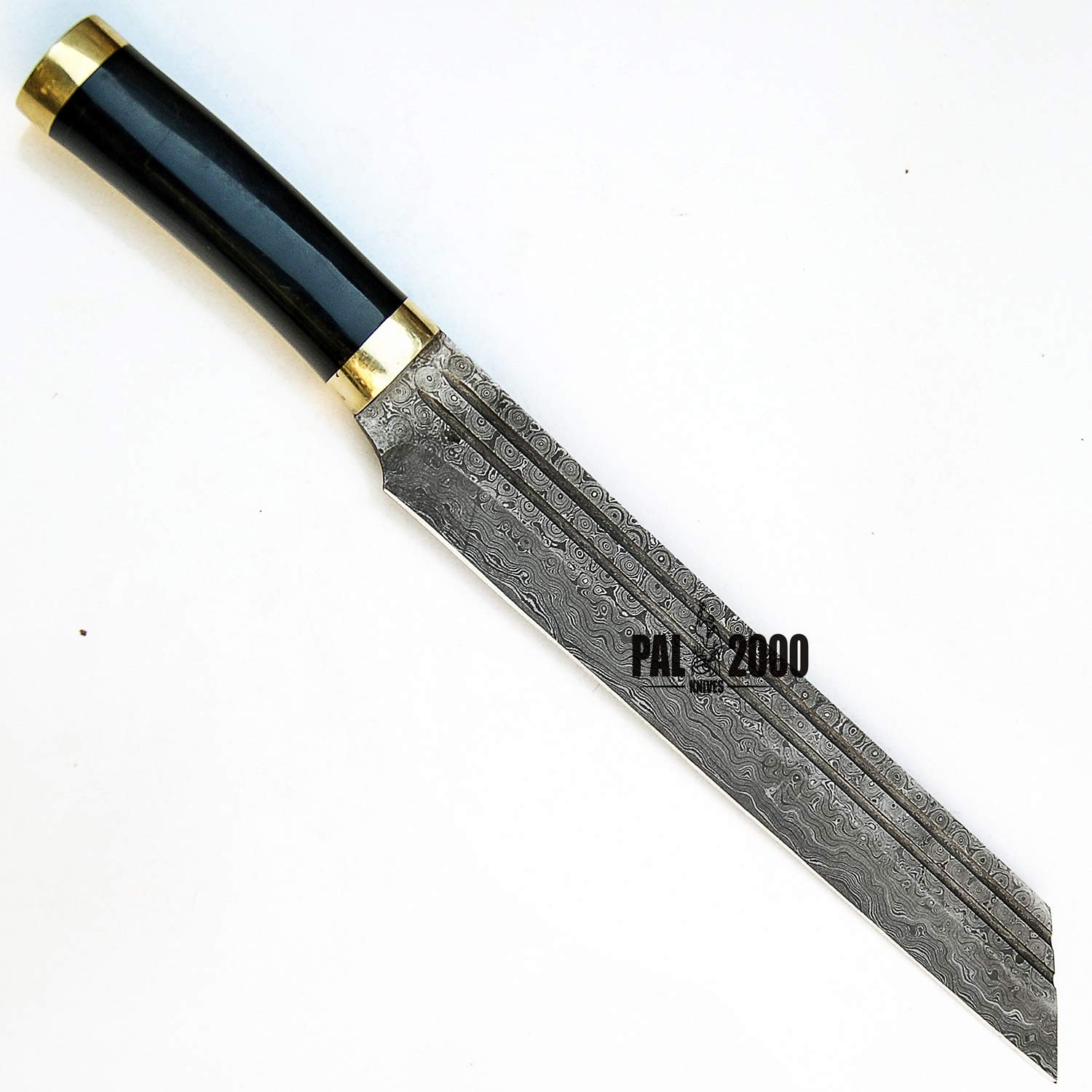 PAL 2000 KNIVES KNI-9449 Custom Handmade Damascus Steel Hunting Tanto Knife 15 Inches Buffalo Horn Handle Raindrop pattern Blade with Leather sheath