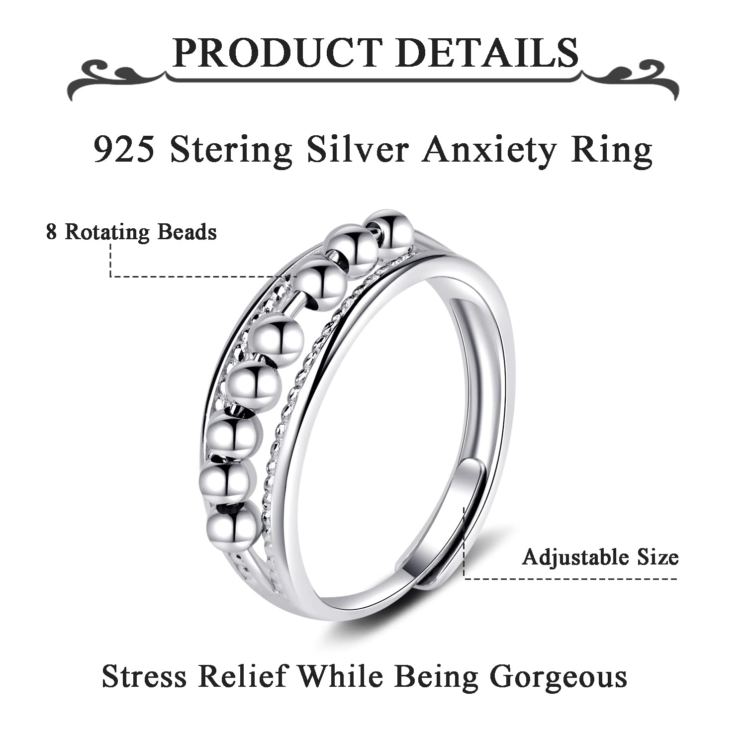 TIKCAUZ 925 Sterling Silver Fidget Ring for Anxiety for Women Stacking Spinning Ring Adjustble Fidgit Spinner Rings for Anxiety for Women Men