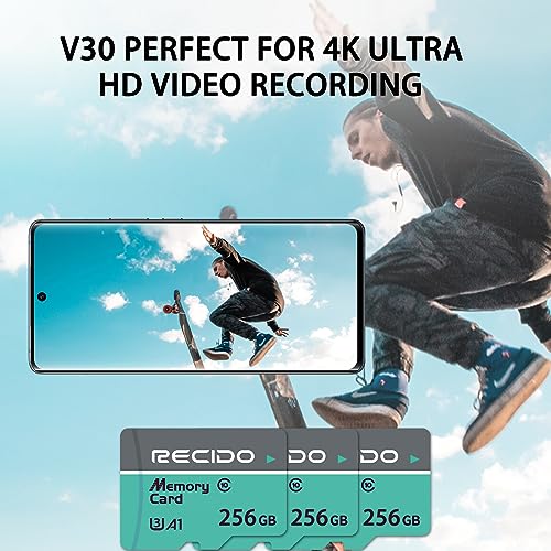 RECIDO 256GB TF Card,Mini Memory Card,4K UHD,Full HD,U3,Class10,A1,High Speed TF Flash Memory Card for Dash Cams,Phone,Drone,Tablet and PC