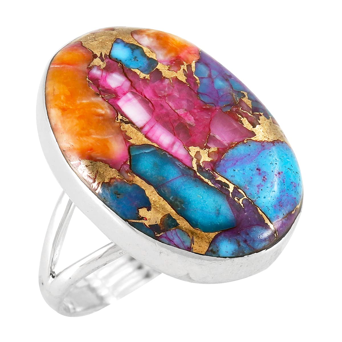 Turquoise Ring in Sterling Silver 925 Genuine Gemstones (8, Rainbow Spiny Turquoise)