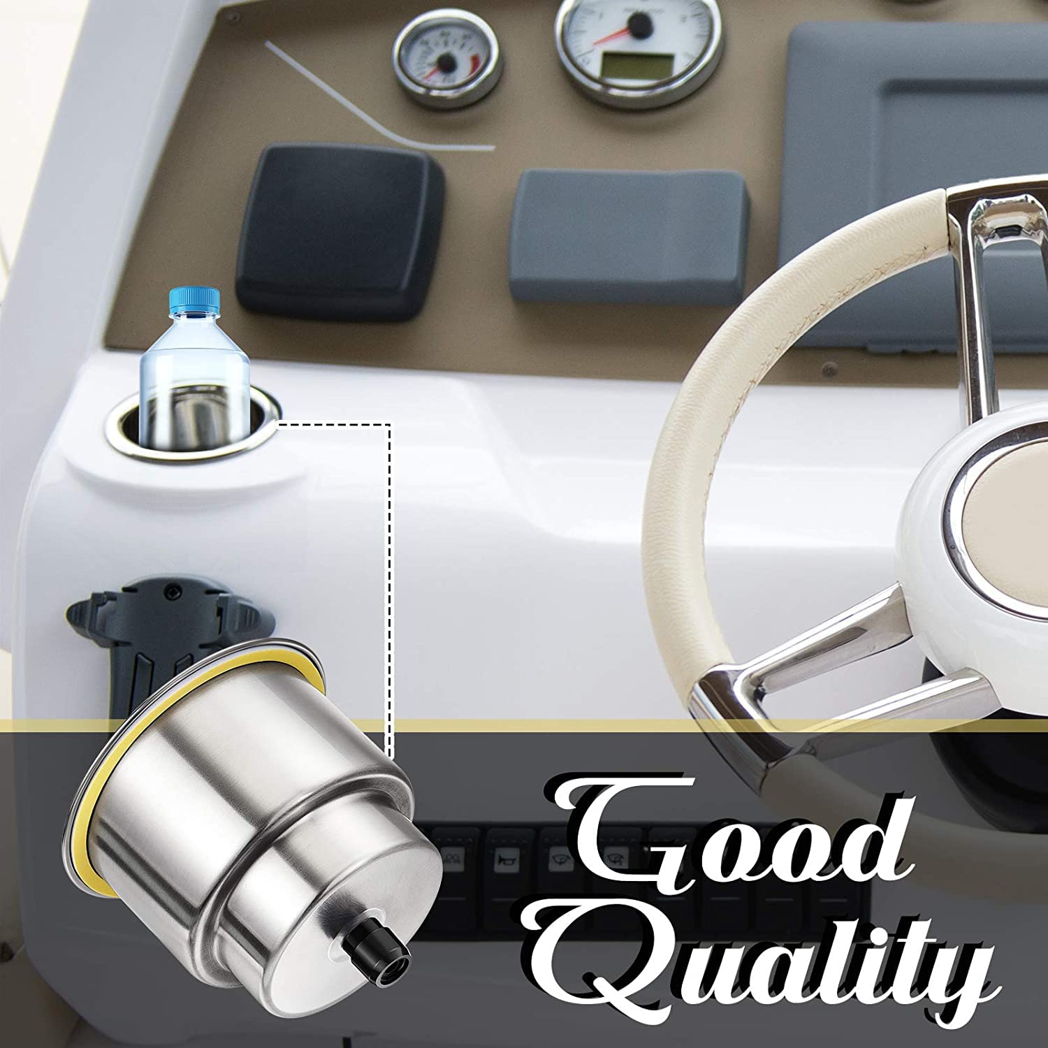 Pebbly Beach 4 PCS Boat Cup Holder, Stainless Steel Cup Holder Insert with Drain for Boat and RV