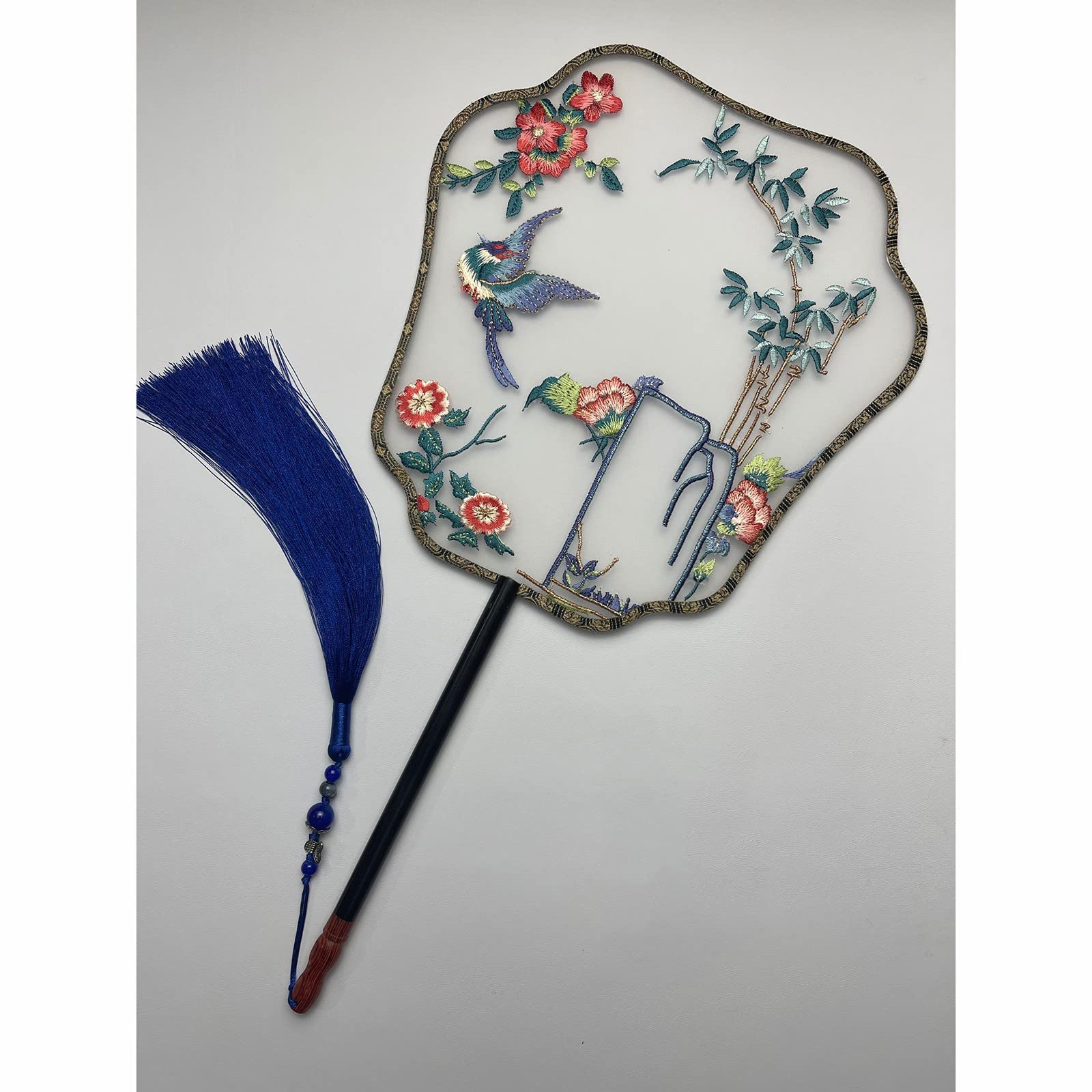 XELDEC Single Side Embroidered Hand Fan (Flower/Bird) Chinese Style Palace Fan Hanfu Fan