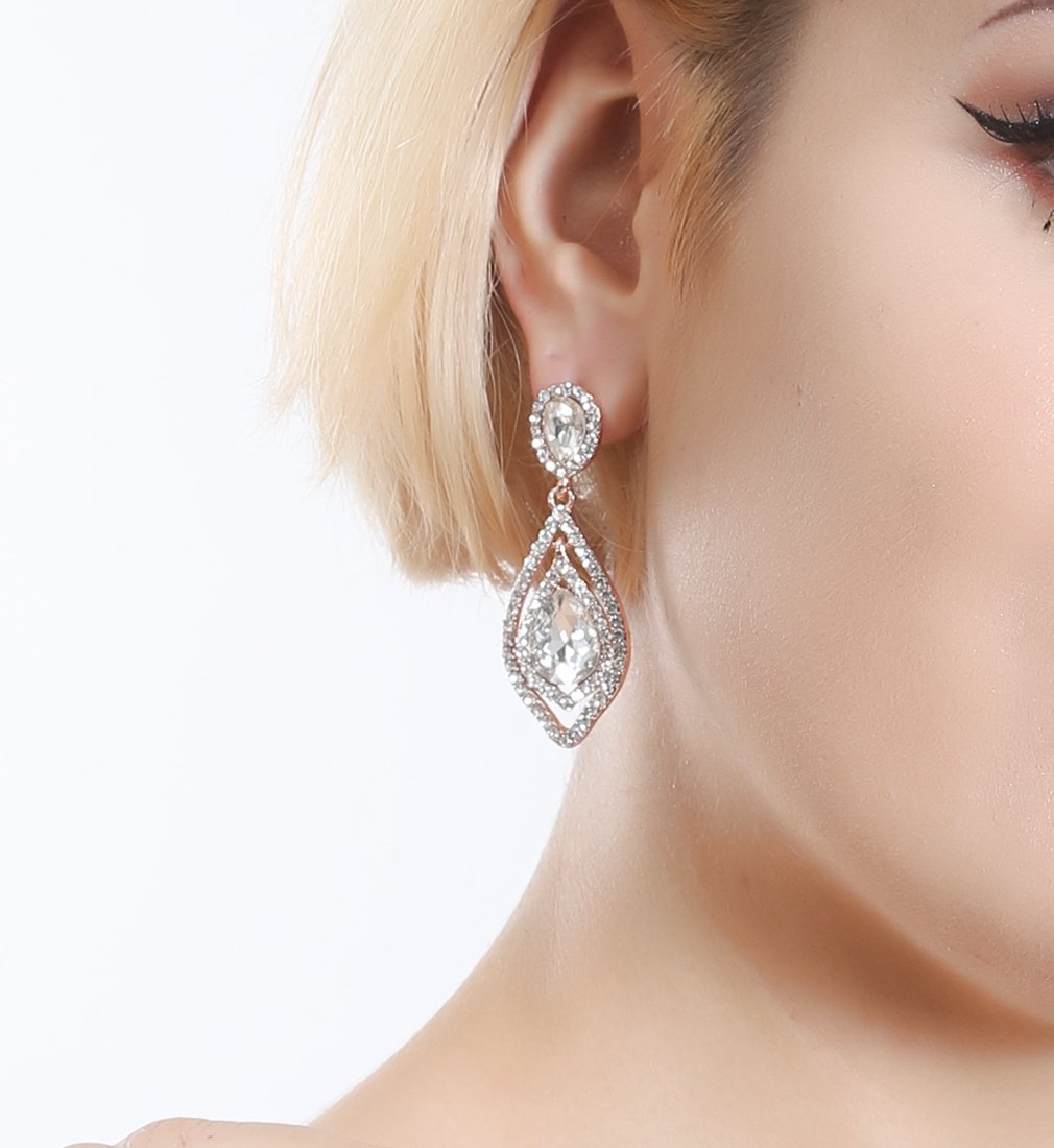 NLCAC Women Pear Shape Crystal Earrings Dangle Teardrop Rhinestone Chandelier Bridal Earring for Wedding (clear crystal rose gold plated)