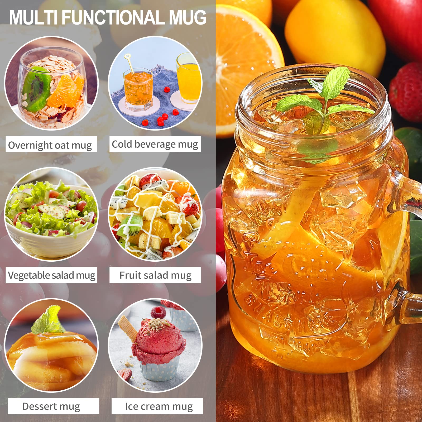 YSJILIDE Smoothie Cup with Lid and Straw, Iced Coffee Cup Reusable, Mason Jar Cups, Mason Jar Drinking Glasses for Juice Coffee Milkshake, Mason Jars with Handle Set of 2 (WHTIE)