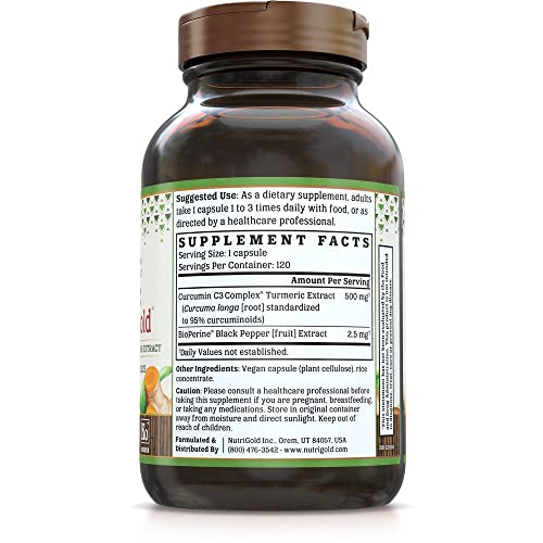 NutriGold Turmeric Curcumin Gold (Features C3 Complex w/BioPerine), 500 mg, 120 Vegan Capsules