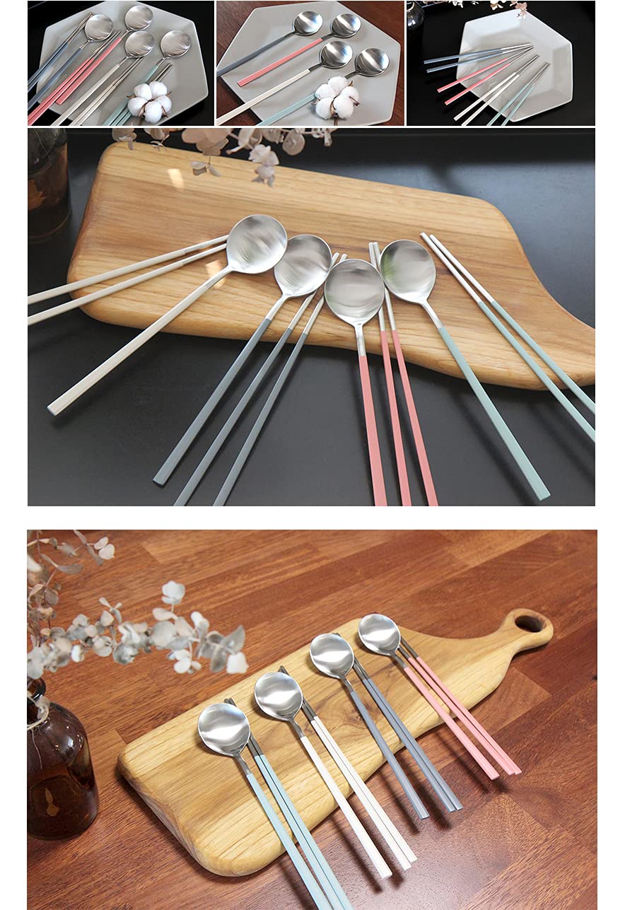 Premium 304 Stainless Steel Korean Colorful Chopsticks Spoon 1 Set Non-Slip Reusable Color Metal Tableware Party Gift (Beige)