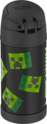 THERMOS FUNTAINER 12 Ounce Stainless Steel Vacuum Insulated Kids Straw Bottle, Dark Minecraft