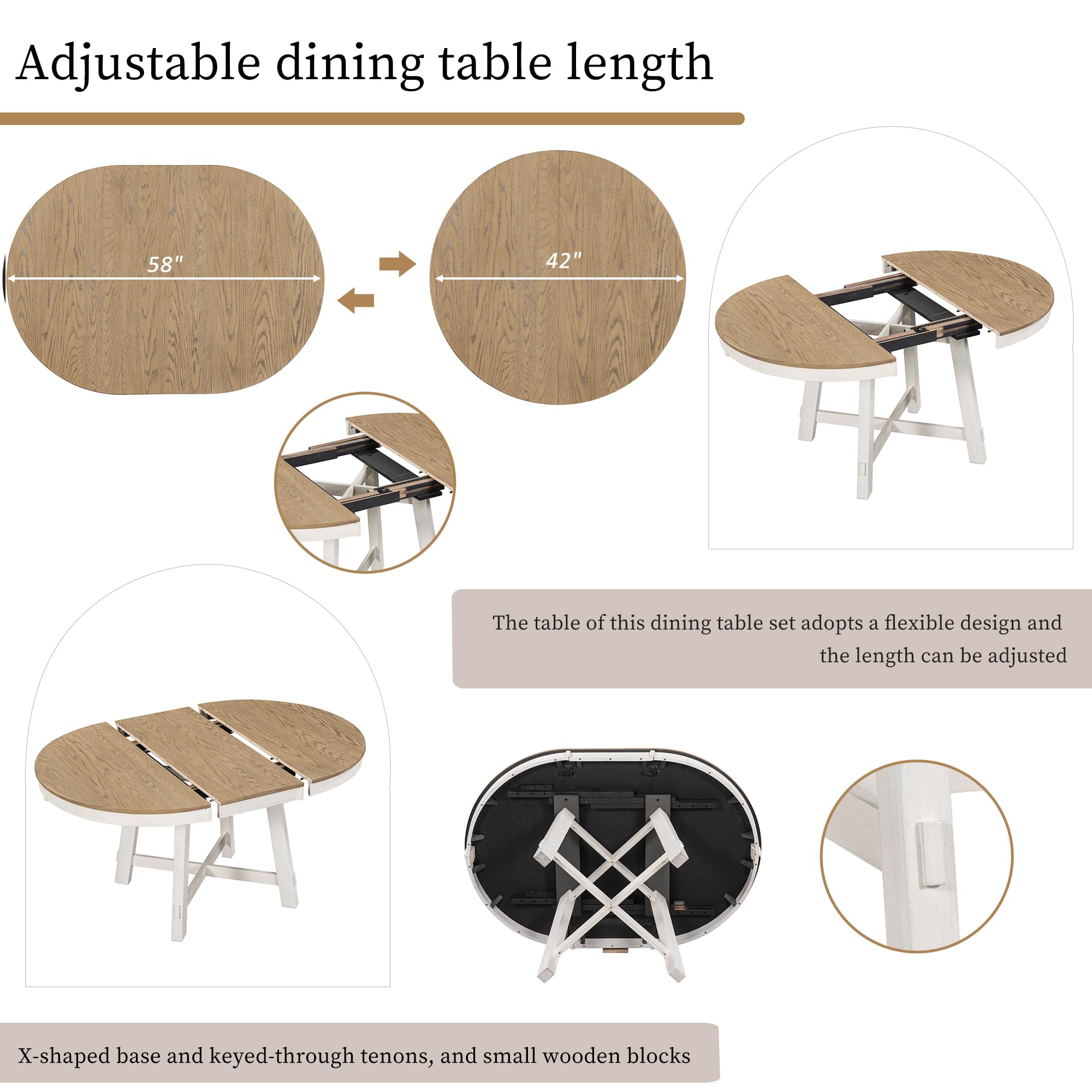 Merax Dining Table Set for 4, Wood Round Extendable Dining Table and 4 Upholstered Dining Chairs, Oak Natural Wood+Antique White
