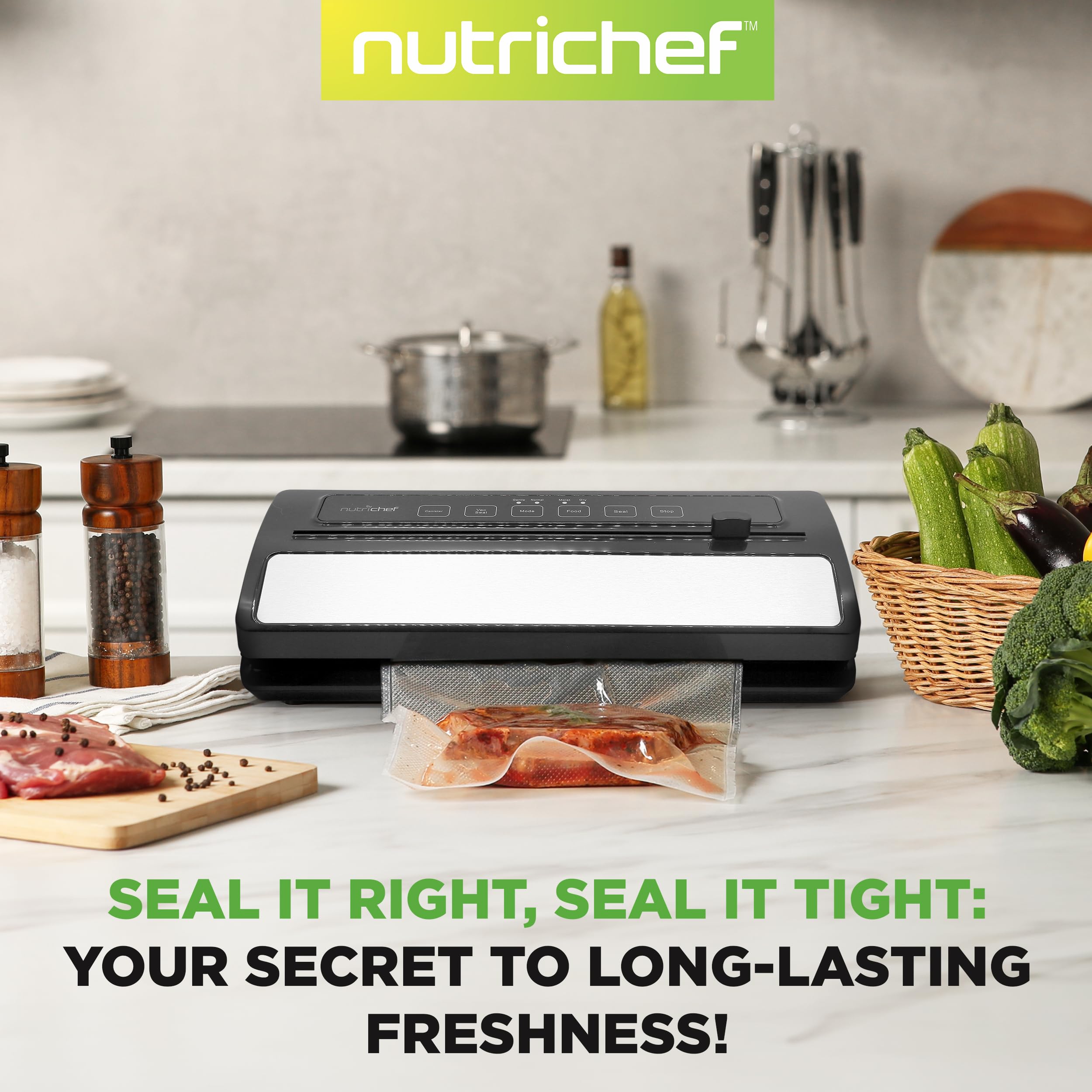 NutriChef Vacuum Sealer | Automatic Vacuum Air Sealing System For Food Preservation w/ Starter Kit | Compact Design | Lab Tested | Dry & Moist Food Modes | Led Indicator Lights