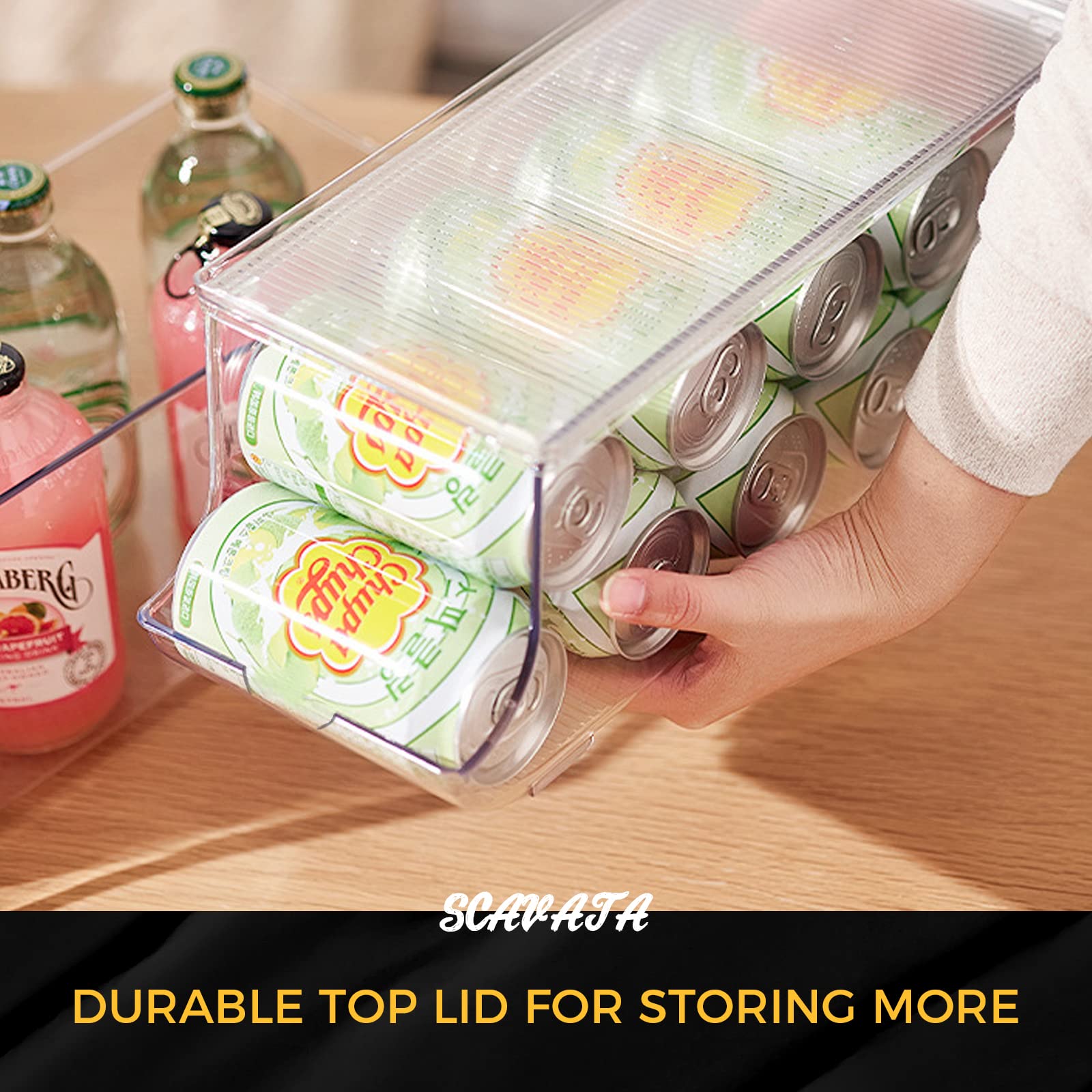 SCAVATA 2 Pack Soda Can Organizer for Refrigerator, Stackable Canned Food Pop Cans Container Can Holder Dispenser with Lid for Fridge Rack Freezer, Clear Storage Bins-Holds 12 Cans Each (Transparent)