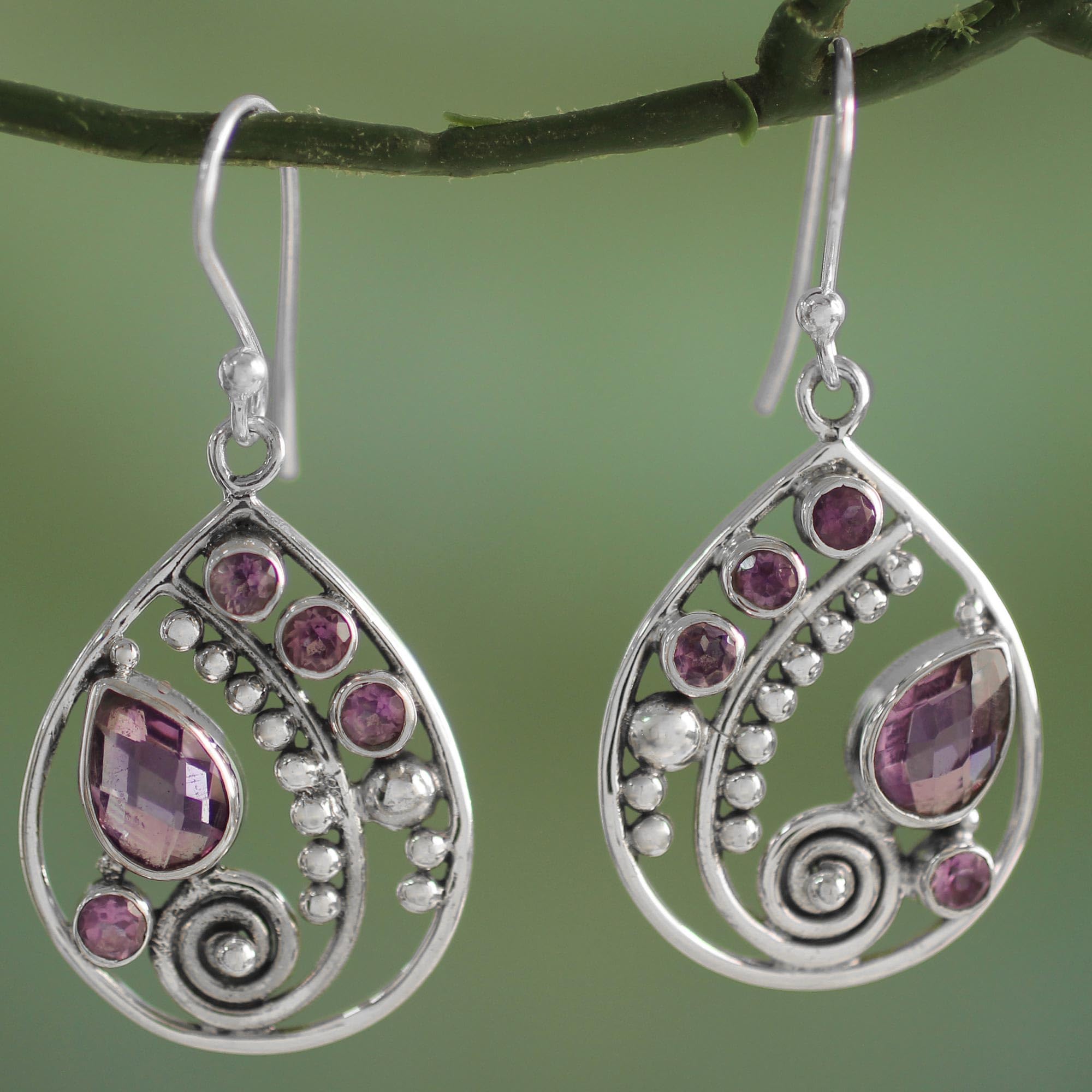 NOVICA Artisan Handmade Amethyst Dangle Earrings Sterling Silver from India Purple Birthstone [1.7 in L x 0.8 in W x 0.3 in D] ' Lilac Radiance'