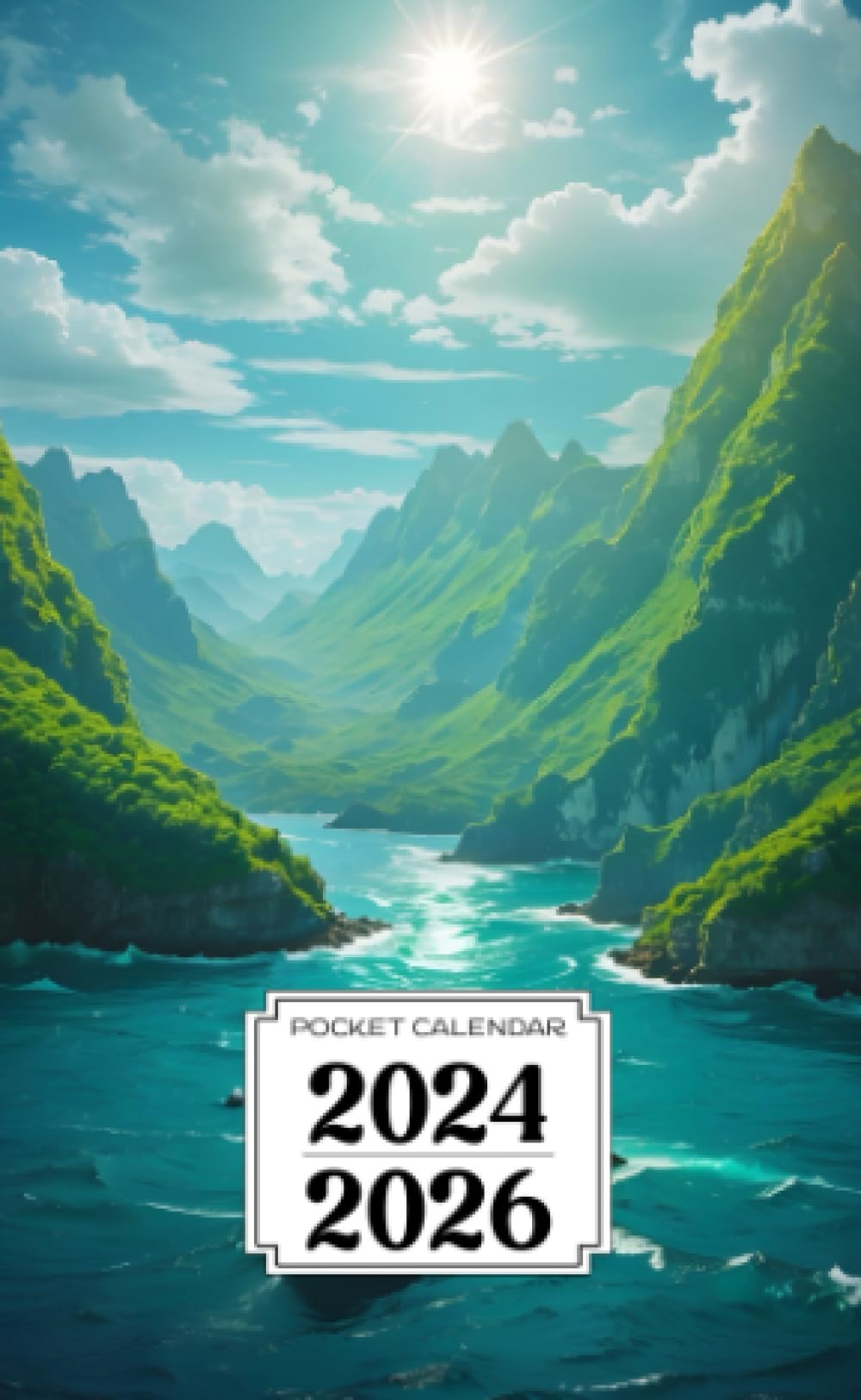 Pocket Calendar 2024-2026: Two-Year Monthly Planner for Purse , 36 Months from January 2024 to December 2026 | Lone figure | Small boat | Emerald ... | Deep blue ocean | Sun-City inscription
