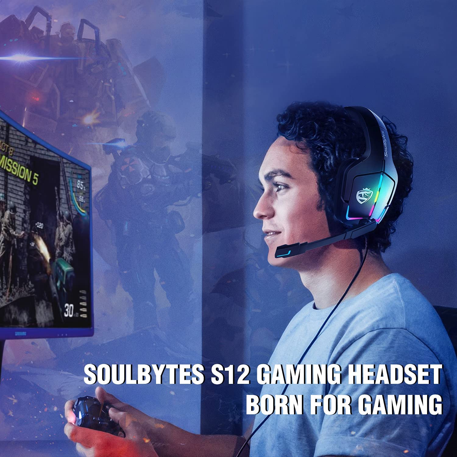 Soulbytes PS4 Gaming Headset for Xbox One PS5 Switch PC Headphone with Microphone Dynamic RGB LED Effect Gamer Headsets for Computer Laptop 3.5mm Wired Stereo Bass Over Ear with Mic