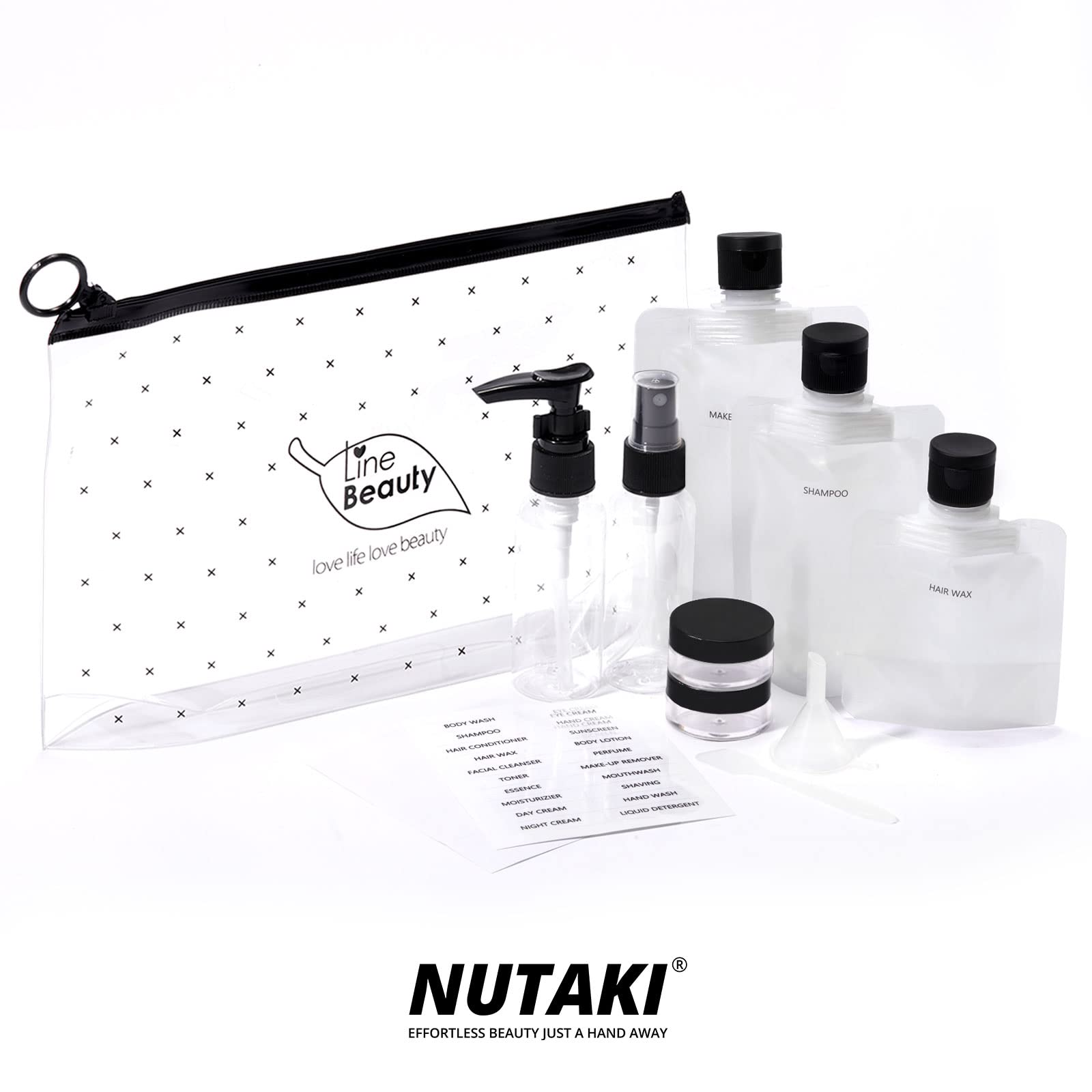 NUTAKI 19 Pcs Travel Bottles Kit for Toiletries - 3.4oz Tsa Approved Leak Proof Refillable Containers with Labels and Toiletry Bag, Squeezable Pouches - Travel Essentials for Liquid Shampoo
