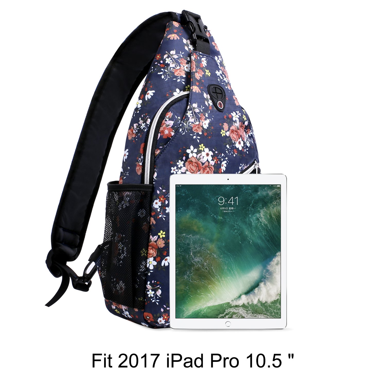 MOSISO Sling Backpack,Travel Hiking Daypack Pattern Rope Crossbody Shoulder Bag, Navy Blue Base Floral