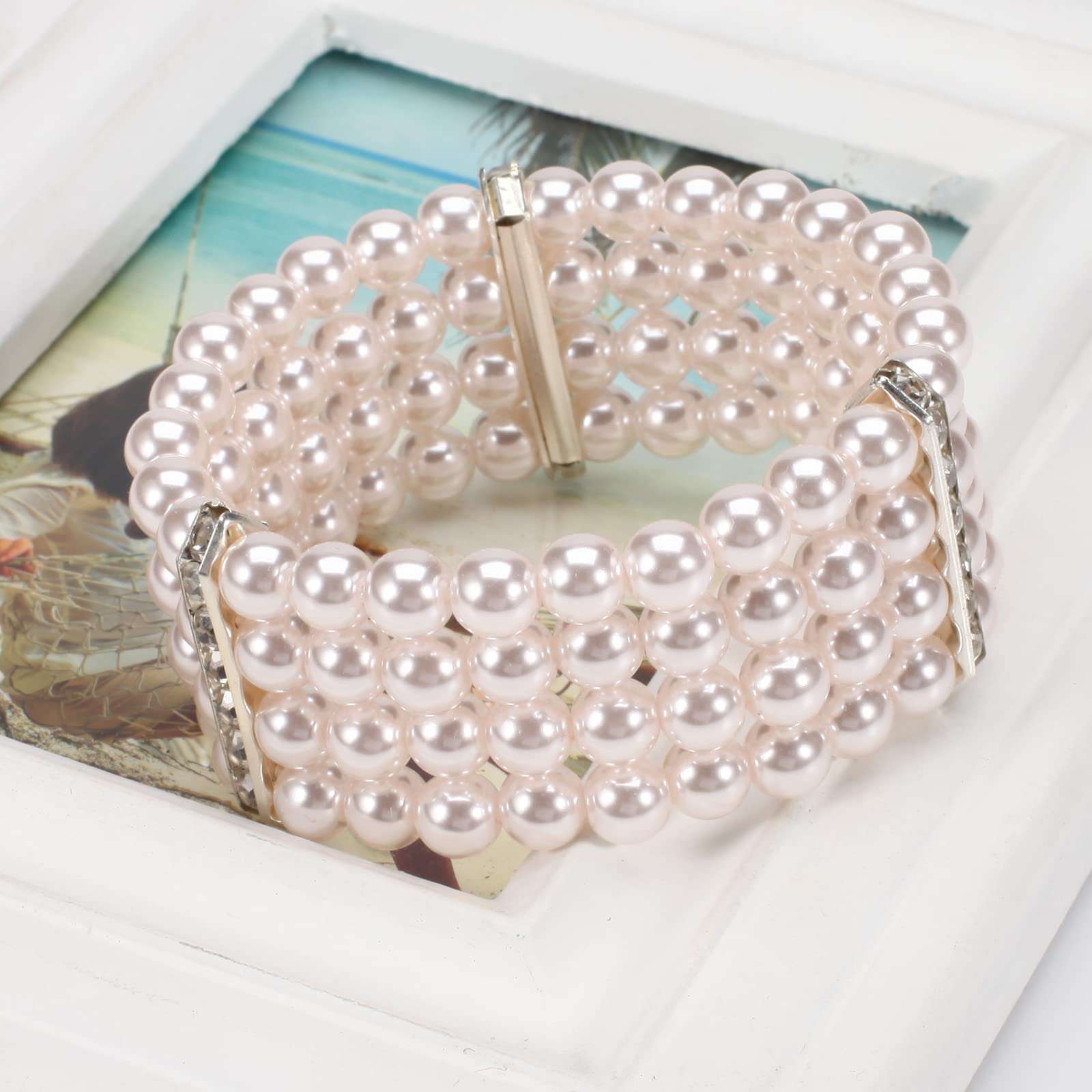 Twinfree 5 Sets Stretch Multilayer Faux 8mm Pearl Bracelet Bangle Vintage Wedding Bridal Jewelry