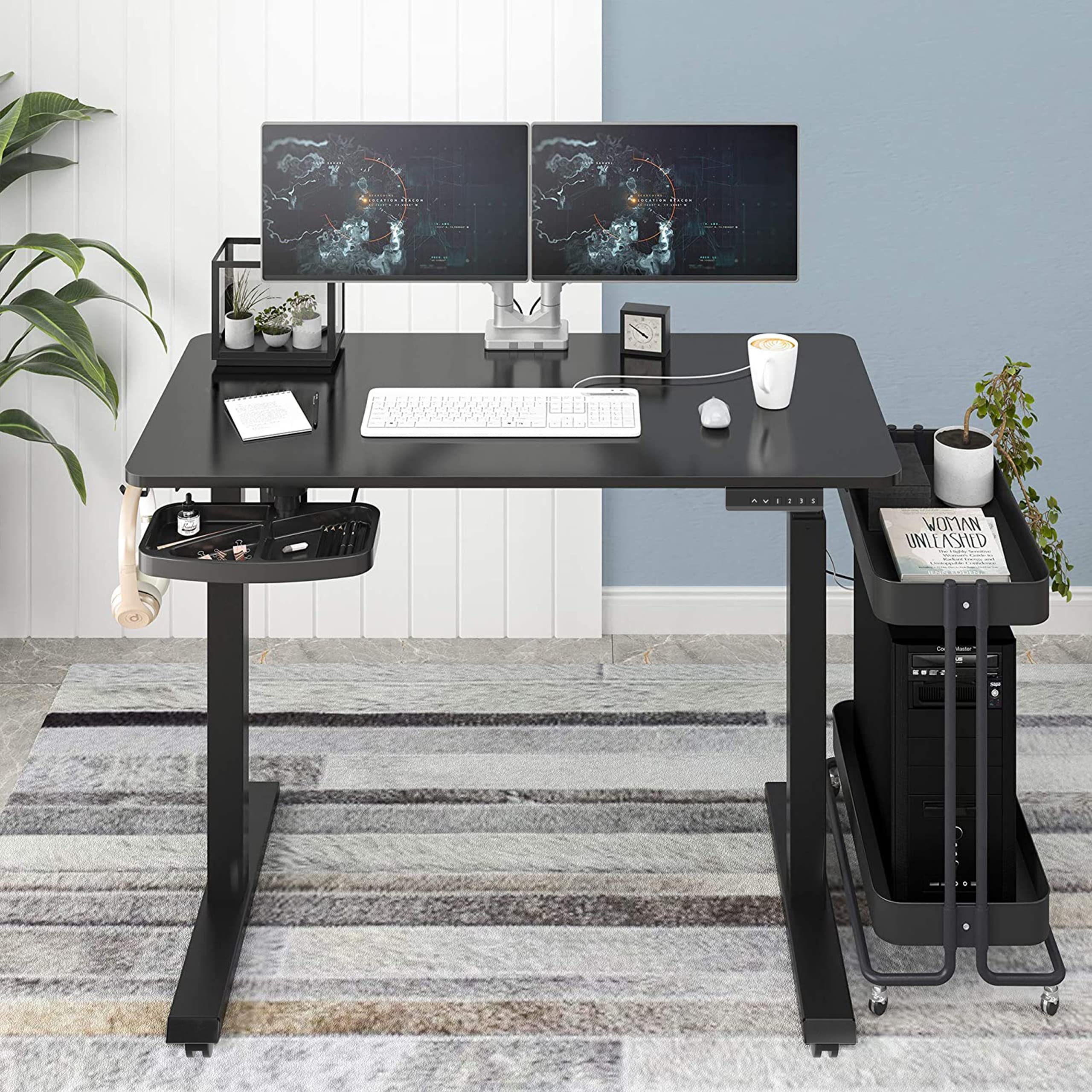 PUTORSEN Electric Height Adjustable Standing Desk, 48 x 24 Inches Sit Stand Home Office Table with Splice Board, Black Frame/Black Top Stand Up Computer Desk with Memory Preset Controller