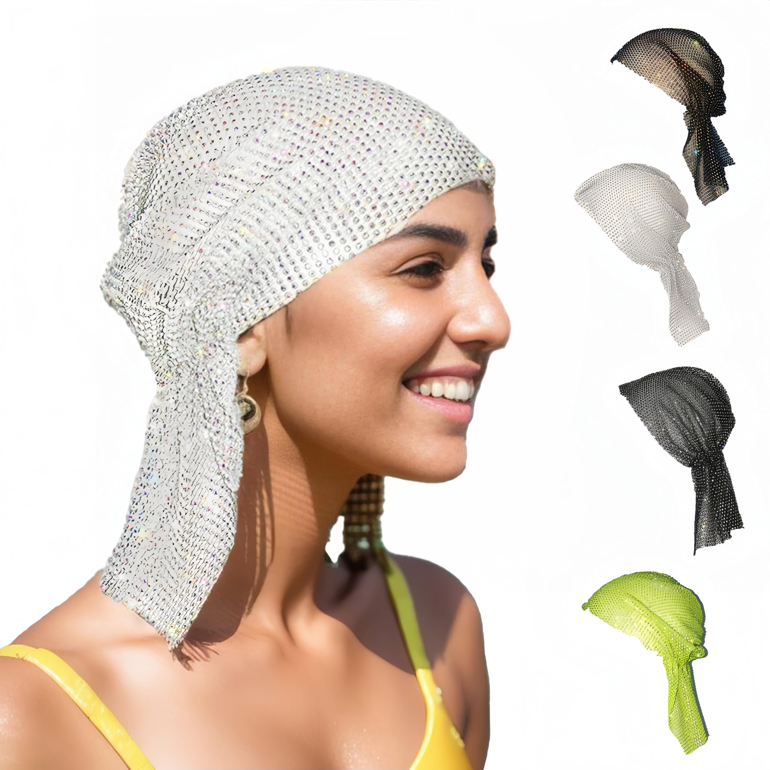 Munyee Hua Rhinestone Head Scarf for Women Bling Sparkly Bling Hijab Cap Concert Evening Dress Turban Hat Stretchy Headband Crystal Mesh Cap Hair Snood Nets Vintage Street Headpiece (Colorful White)