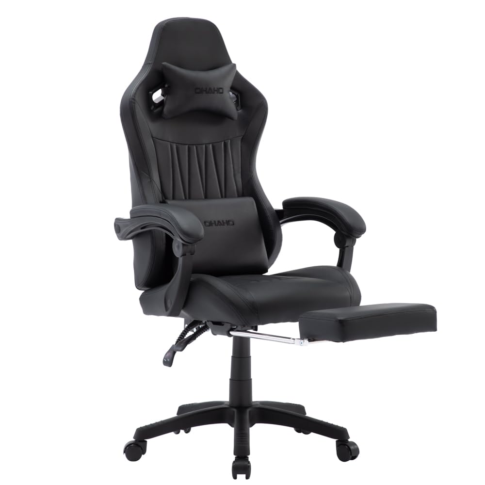 OHAHO Gaming Chair, Office Chair High Back Computer Chair Leather Desk Chair Racing Executive Ergonomic Adjustable Swivel Task Chair with Headrest and Lumbar Support (Dark Black)
