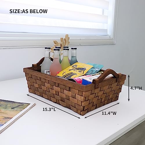 Rectangular Wooden Basket, Natural Hand Woven Storage Basket with Handles for Sundries Toys Fruits (Dark Brown)