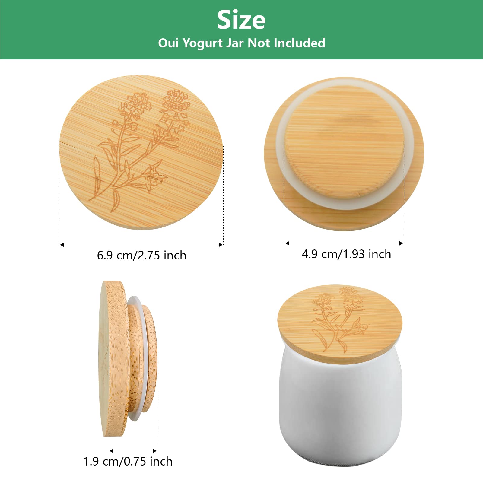 XIFEPFR Oui Yogurt Jar Lids Set, 6 Pack Bamboo Jar Lids with Silicone Sealing Ring for Perfect Airtight Cookie Coffee Glass Storage Lids, Wooden Lids for Oui Yogurt Jars with Label, Lavender Pattern