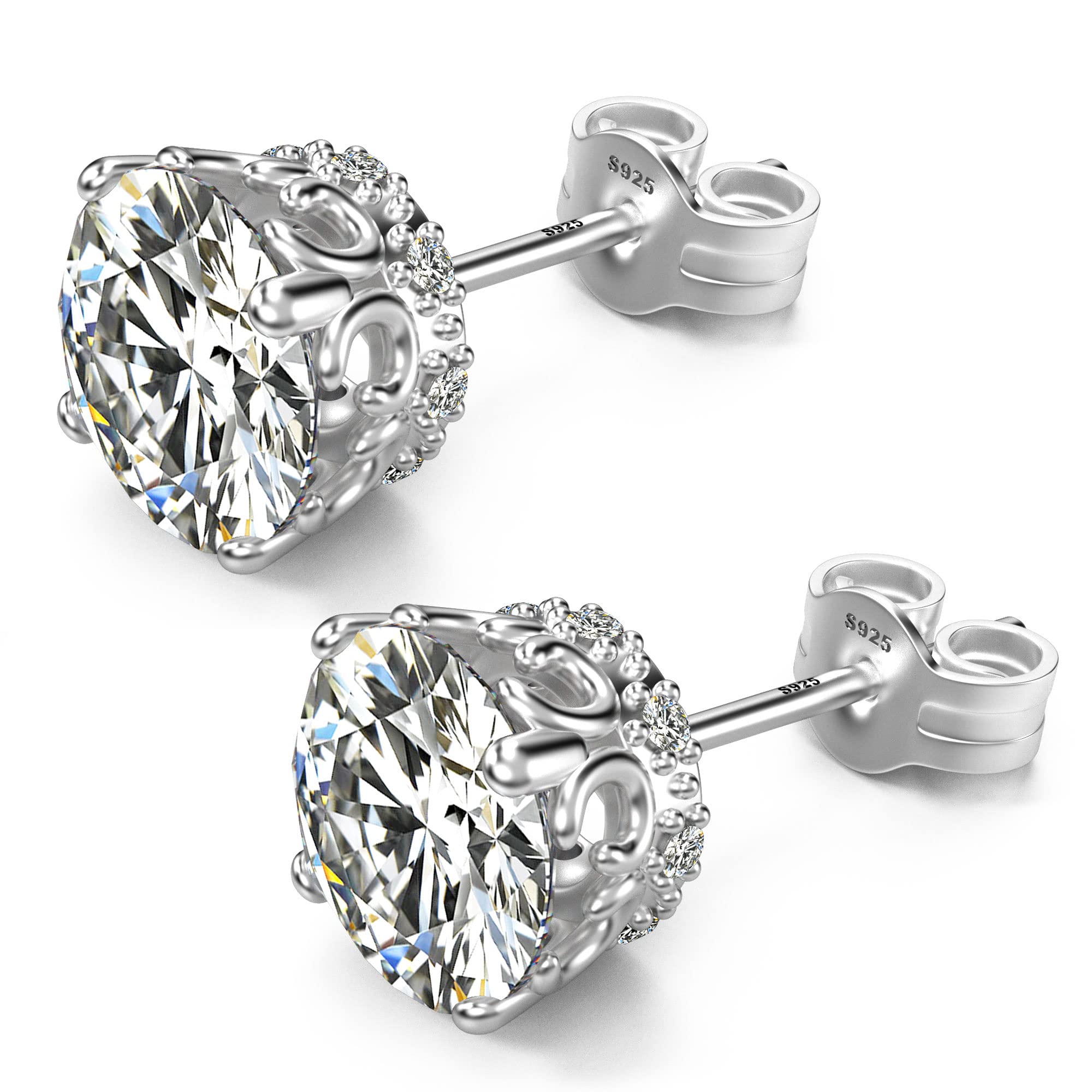 UNFAAR 18K White Gold Plated Sterling Silver Brilliant Round Cut Cubic Zirconia Stud Earrings Simulated Diamond Stud Earrings for Women Men Hypoallergenic (White Gold)