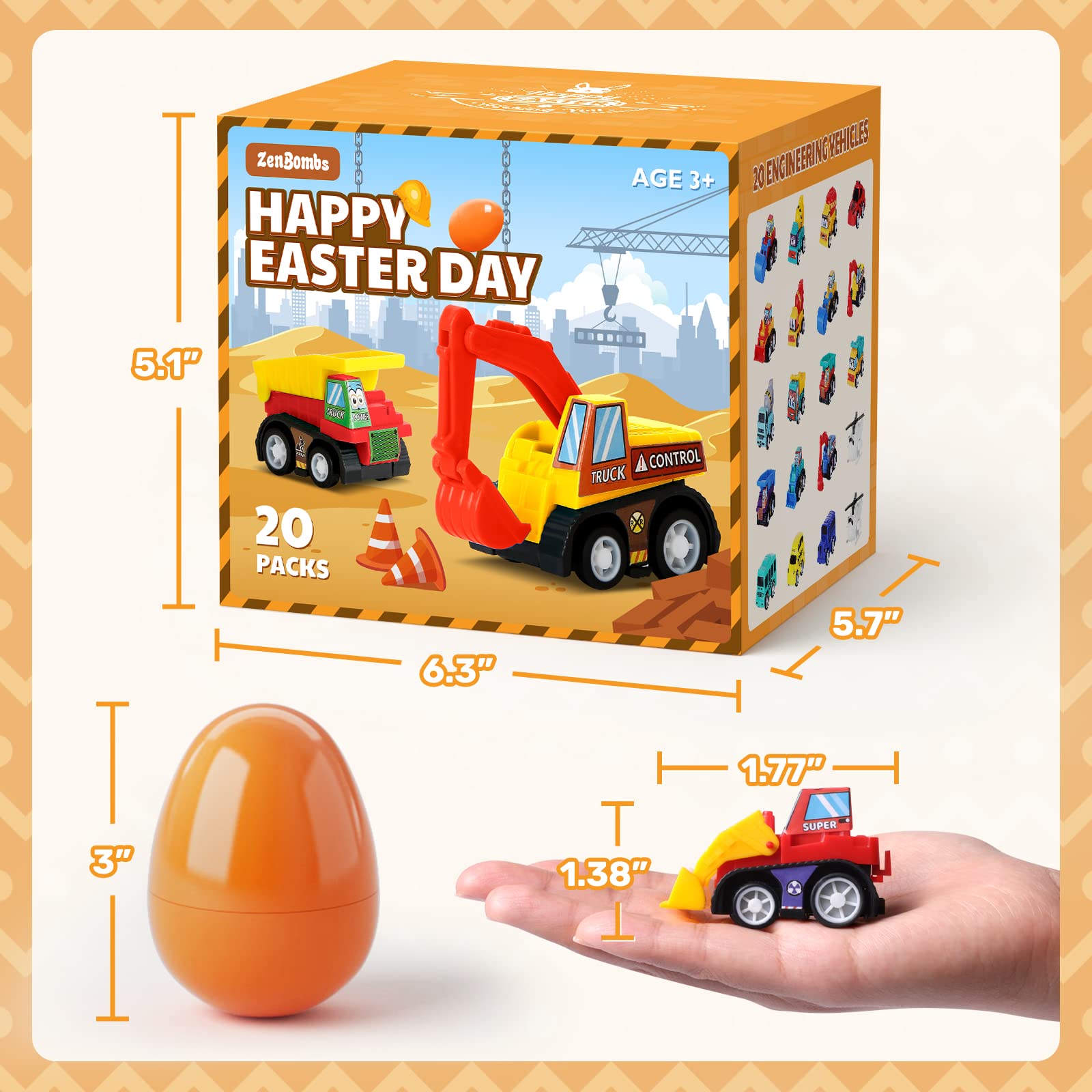 ZenBombs Easter Eggs Plastic Easter Eggs Filled with Pull-Back Engineering Toys Gift for Easter Egg Hunt, Birthday Party for Kids Over 3 Years Old 20-Pack