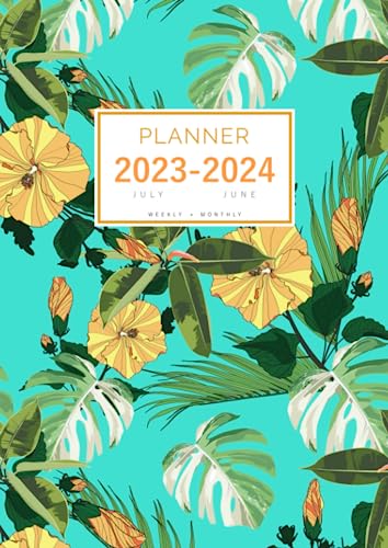 Planner July 2023-2024 June: A4 Weekly and Monthly Organizer | Summer Tropical Floral Design Turquoise