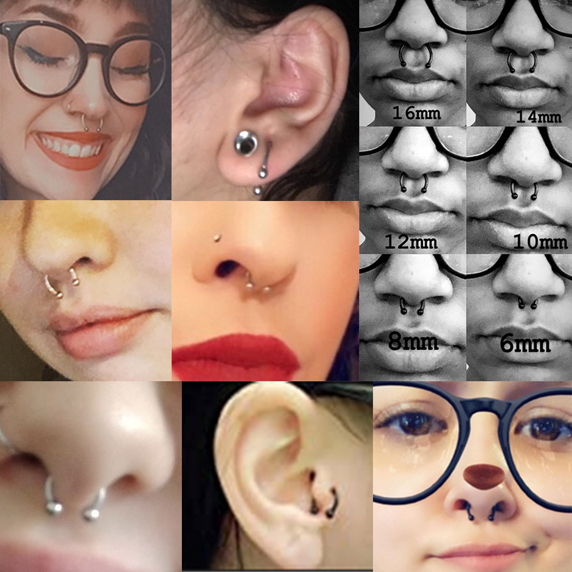 ORAZIO 12Pcs 14-16G Stainless Steel Nose Rings Septum Piercing Cartilage Horseshoe Earring Body Piercing 6MM-16MM Black And Silver Tone