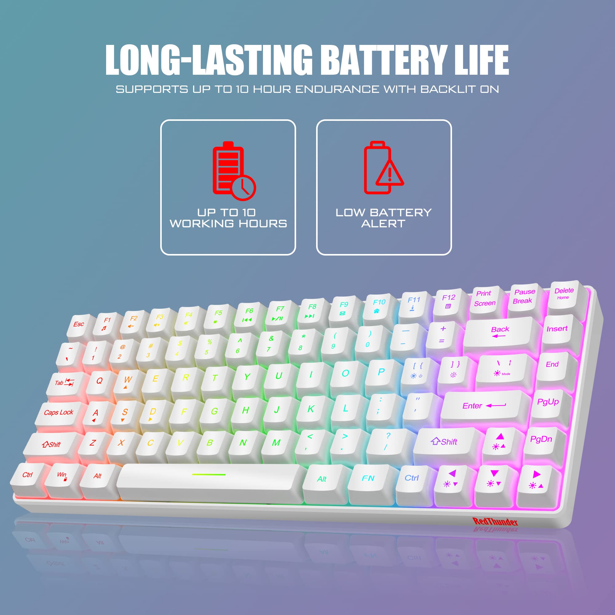 RedThunder K84 Wireless Gaming Keyboard, 1850mAh Rechargeable Battery, 75% Ultra-Compact TKL Mechanical Feel Mini Keyboard with RGB LED Lighting Effects for PC/Windows/MAC/PS4/PS5/XBOX Gamer (White)